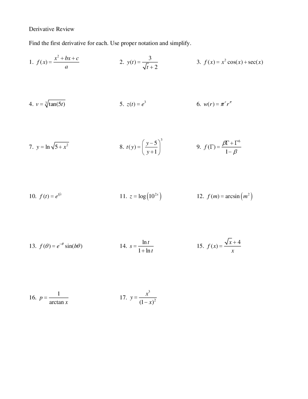 Derivative Review Sheet Vector Analysis Math 223 Docsity