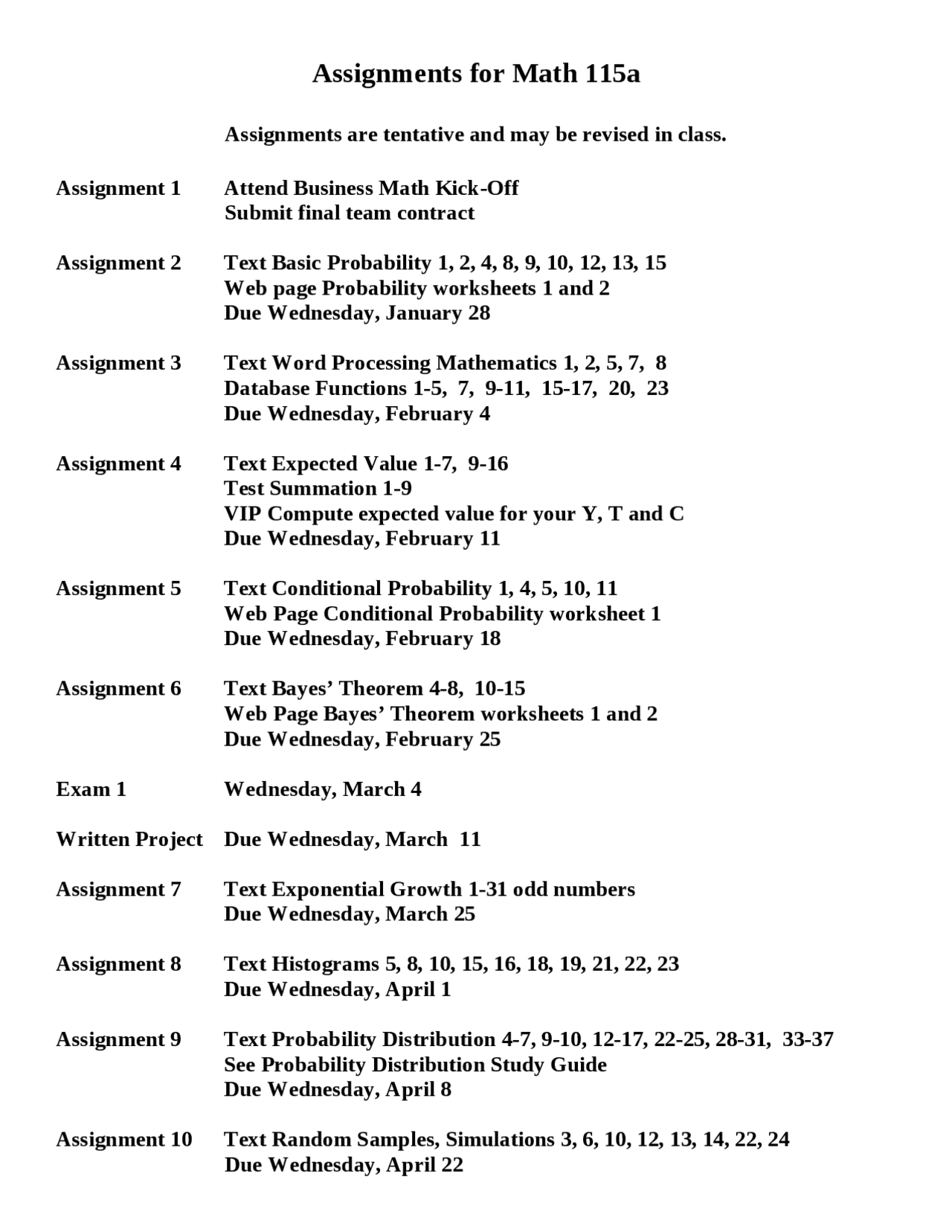 Assignments For Business Mathematics I Math 115a Docsity