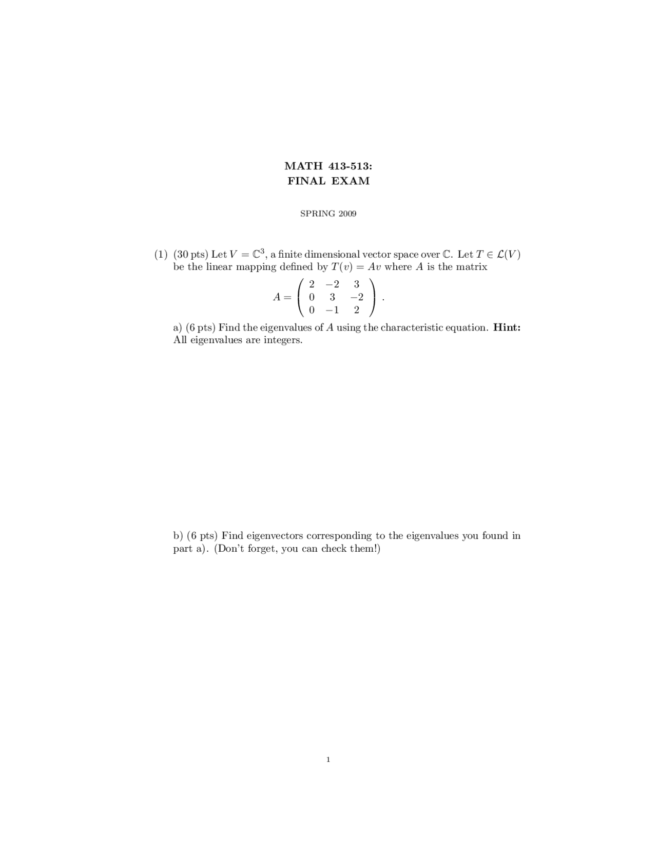 Take Home Final Examination Linear Algebra Math 413 Docsity