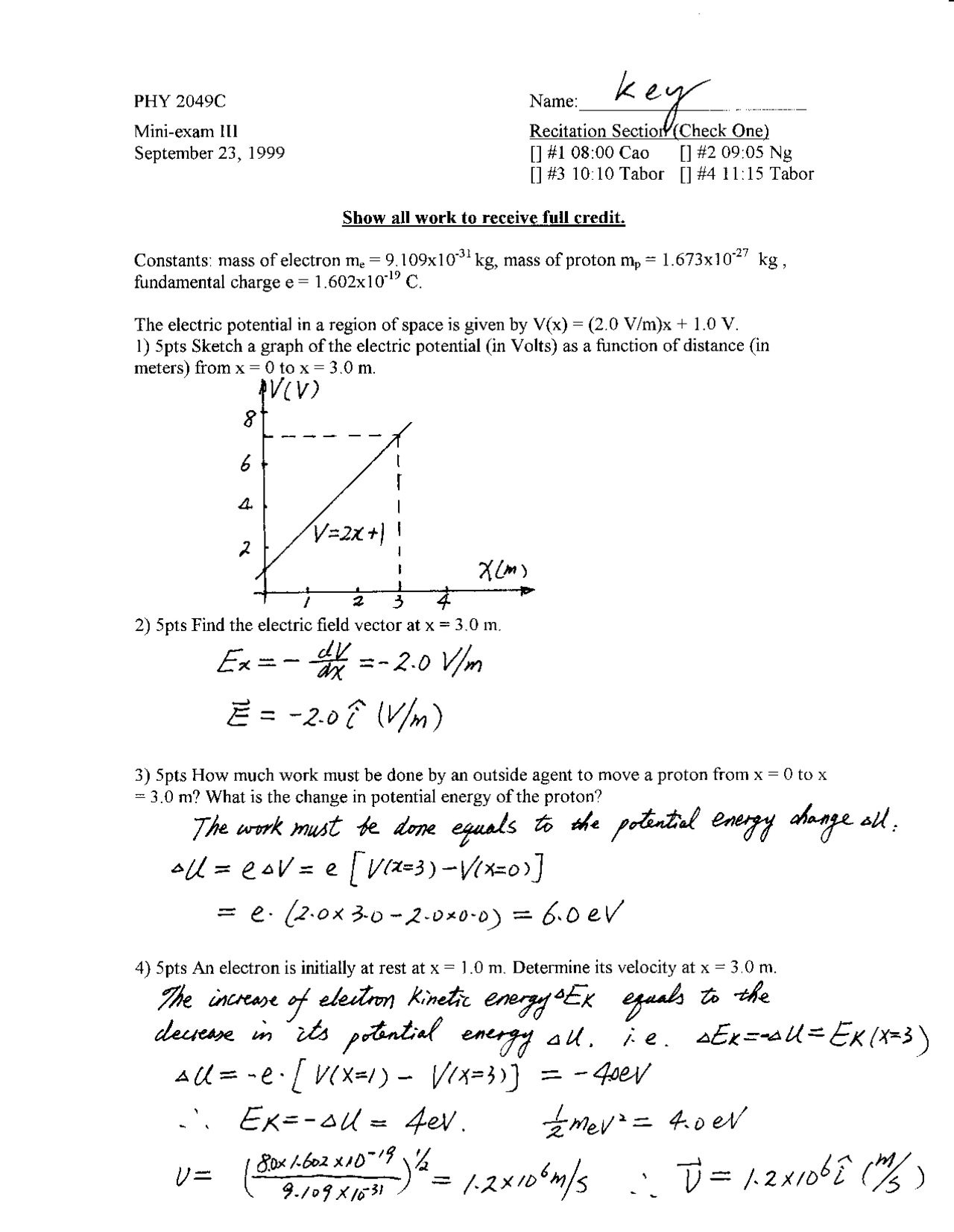 Practice Exam 3 With Solution General Physics B Fall 1999 Phy