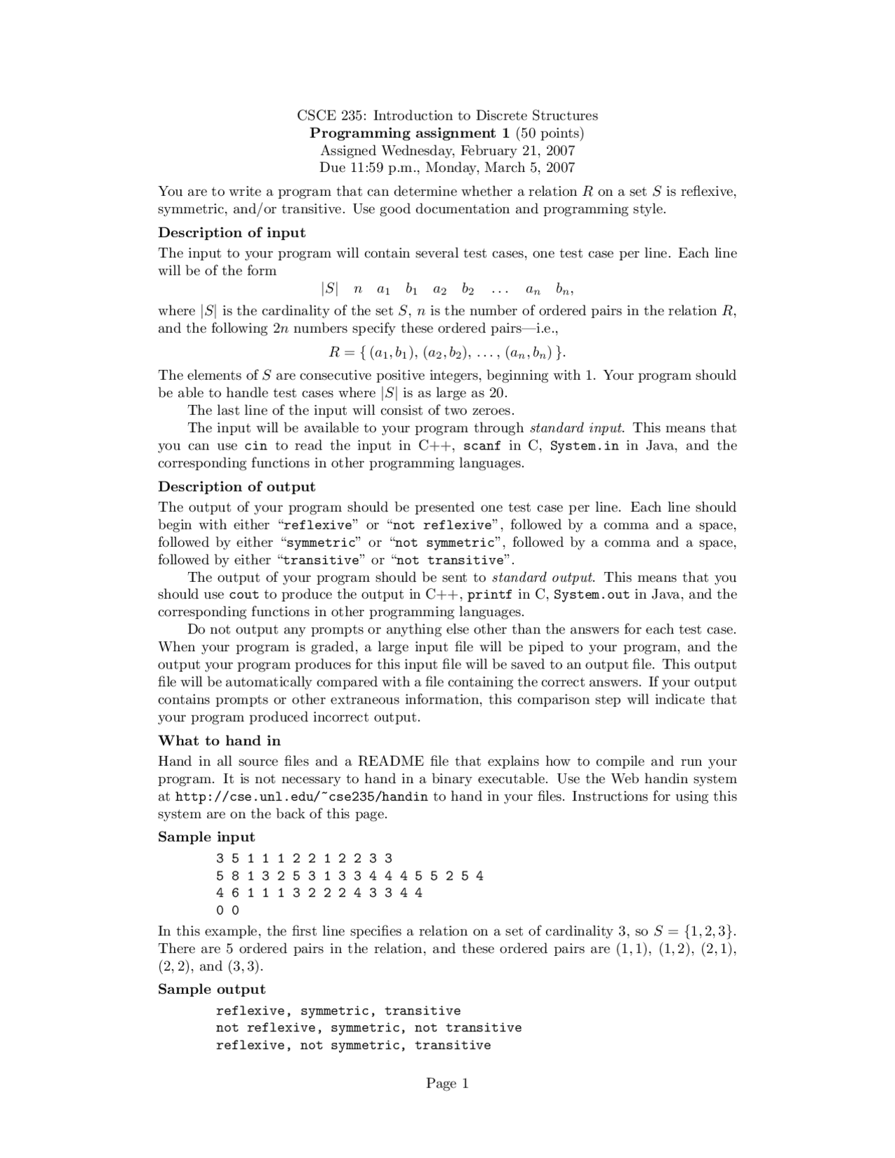 Programming Assignment 1 On Introduction To Discrete Structures Csce 9811