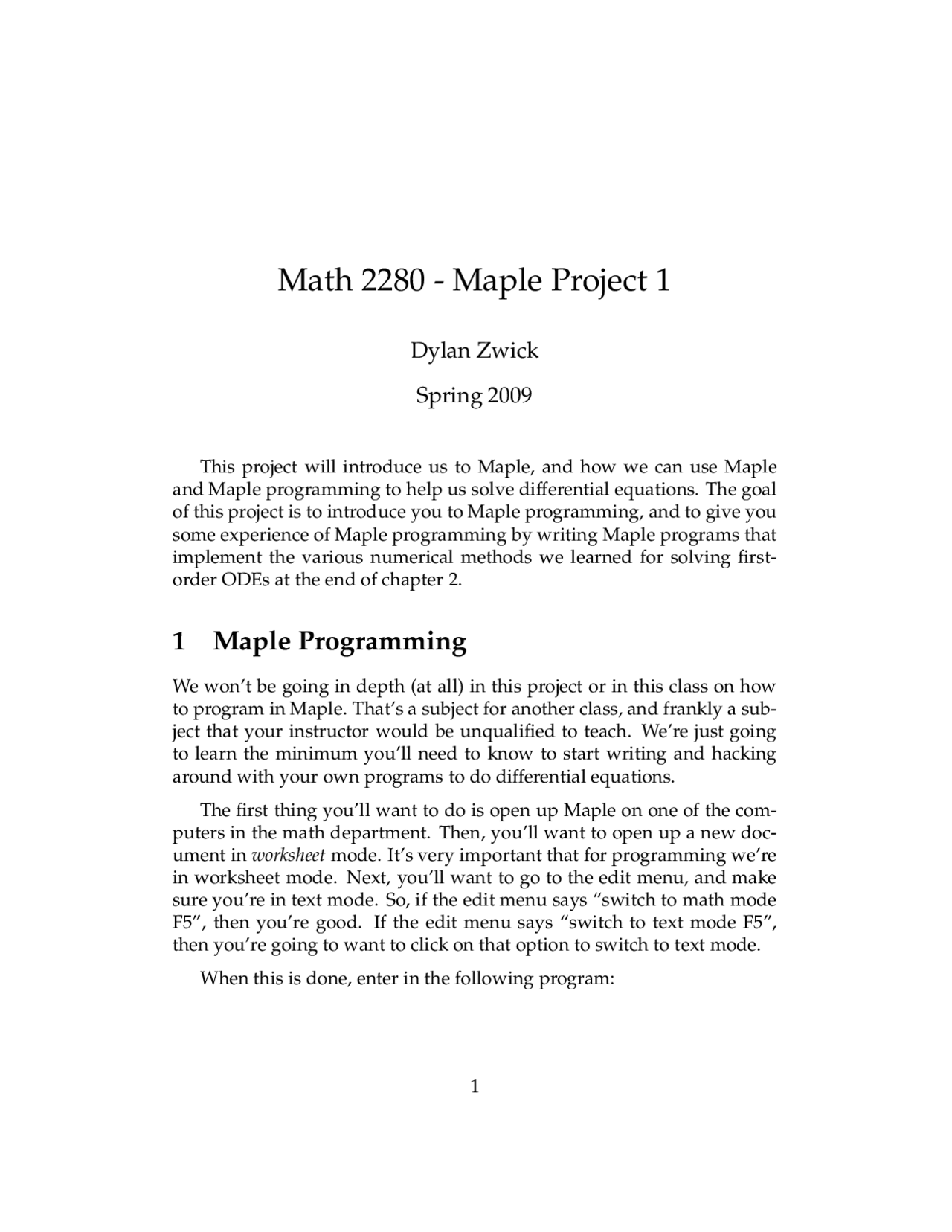 Maple Project 1 Differential Equations Math 2280 Docsity