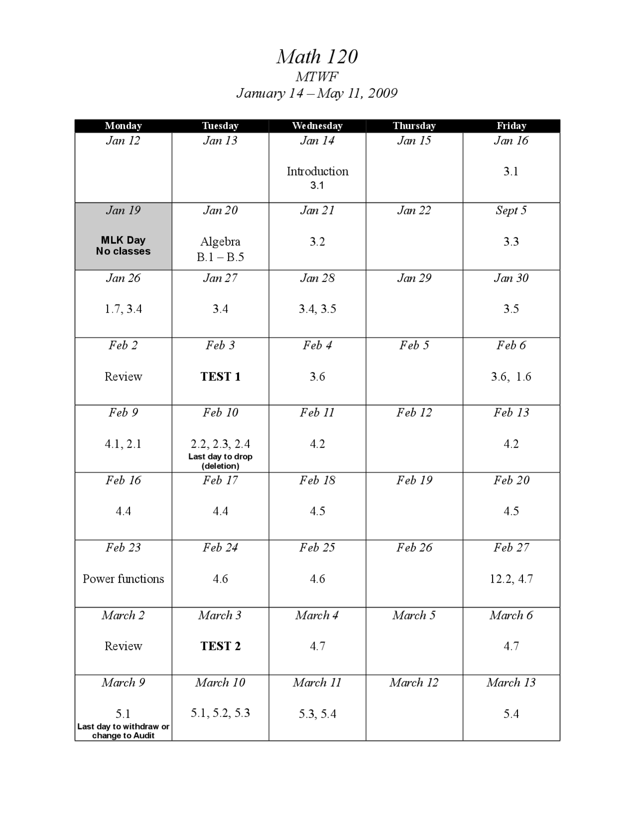 Calculus Preparation Class Schedule Math 120r Docsity