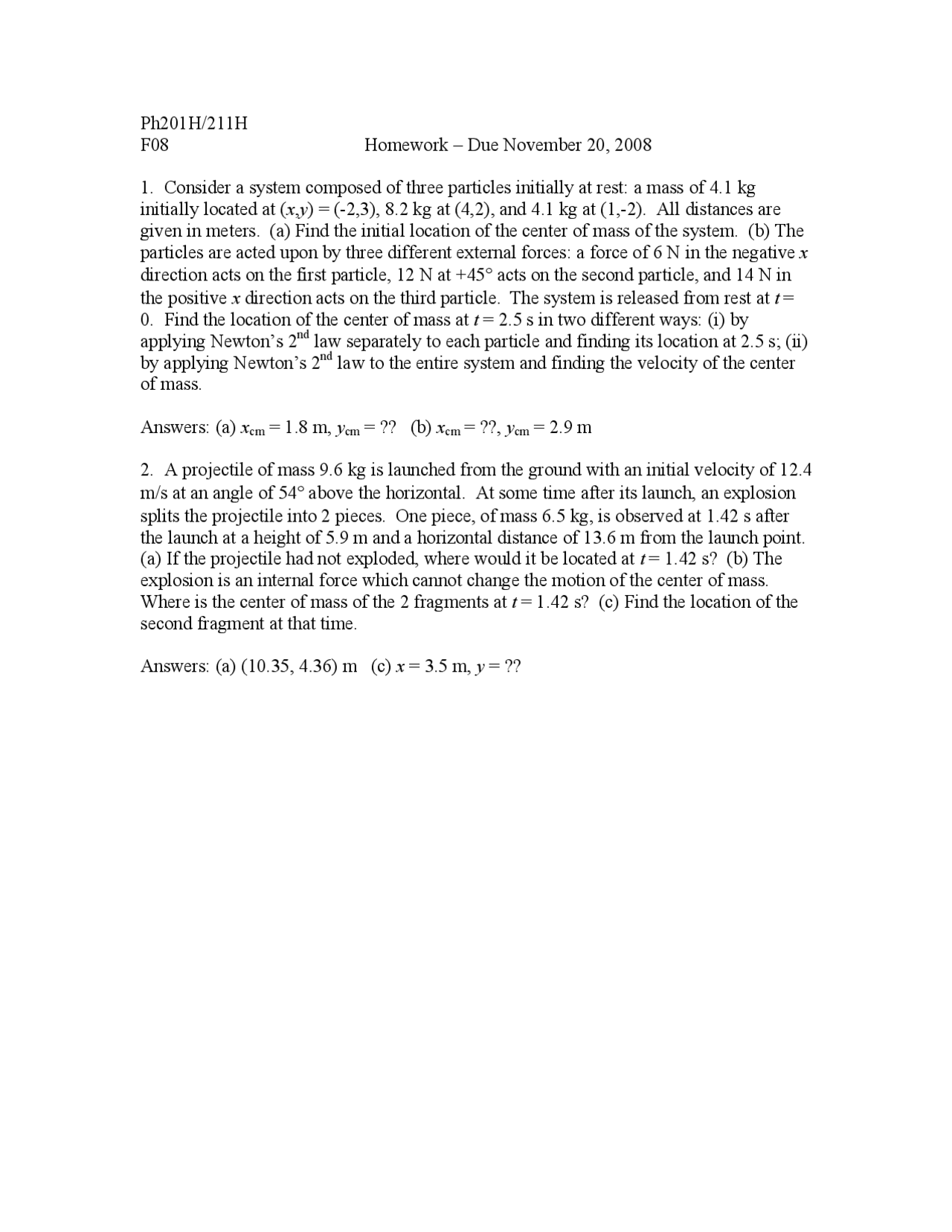 Homework Problems With Answers General Physics With Calculus Ph 211