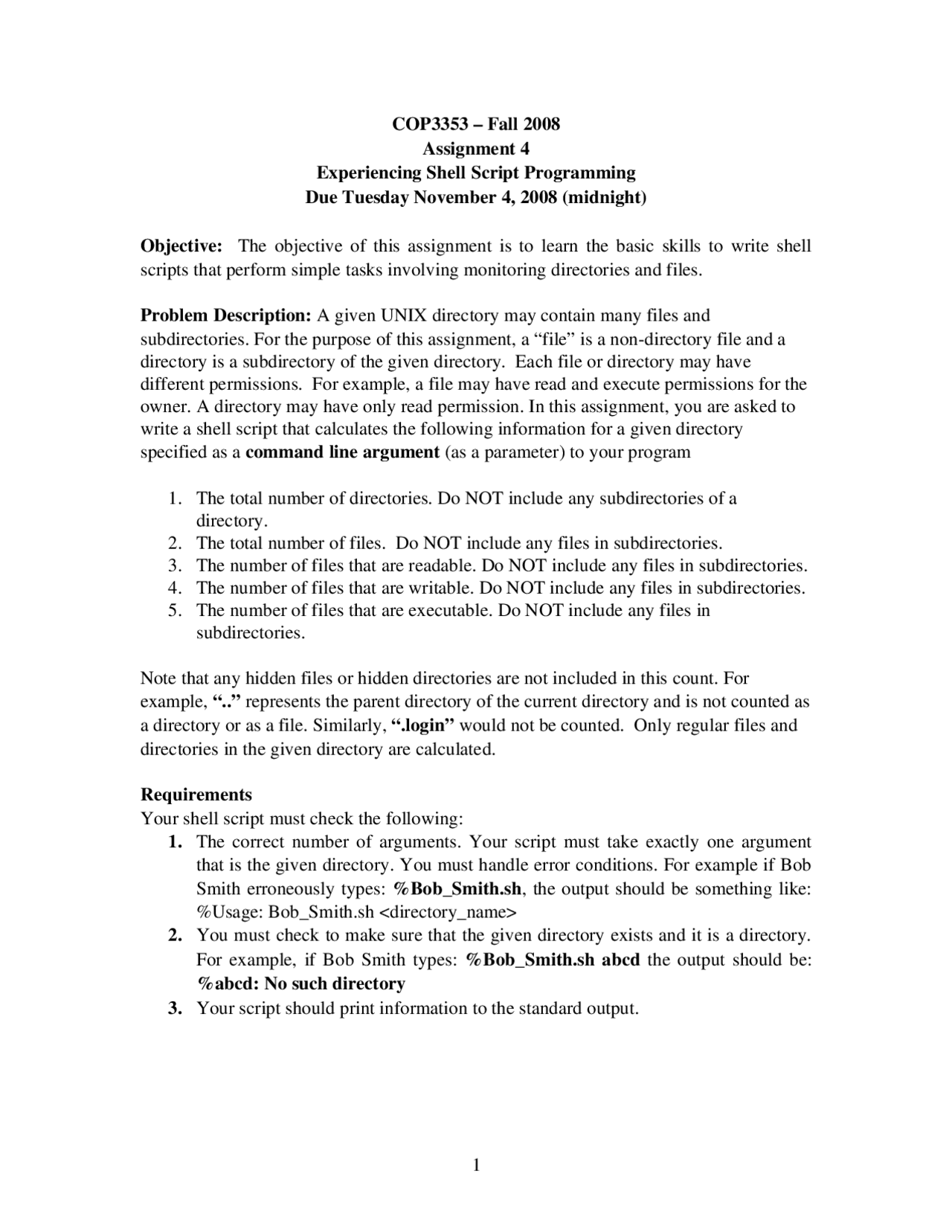 Shell Script Programming Assignment 4 Cop3353 Fall 2008 Prof