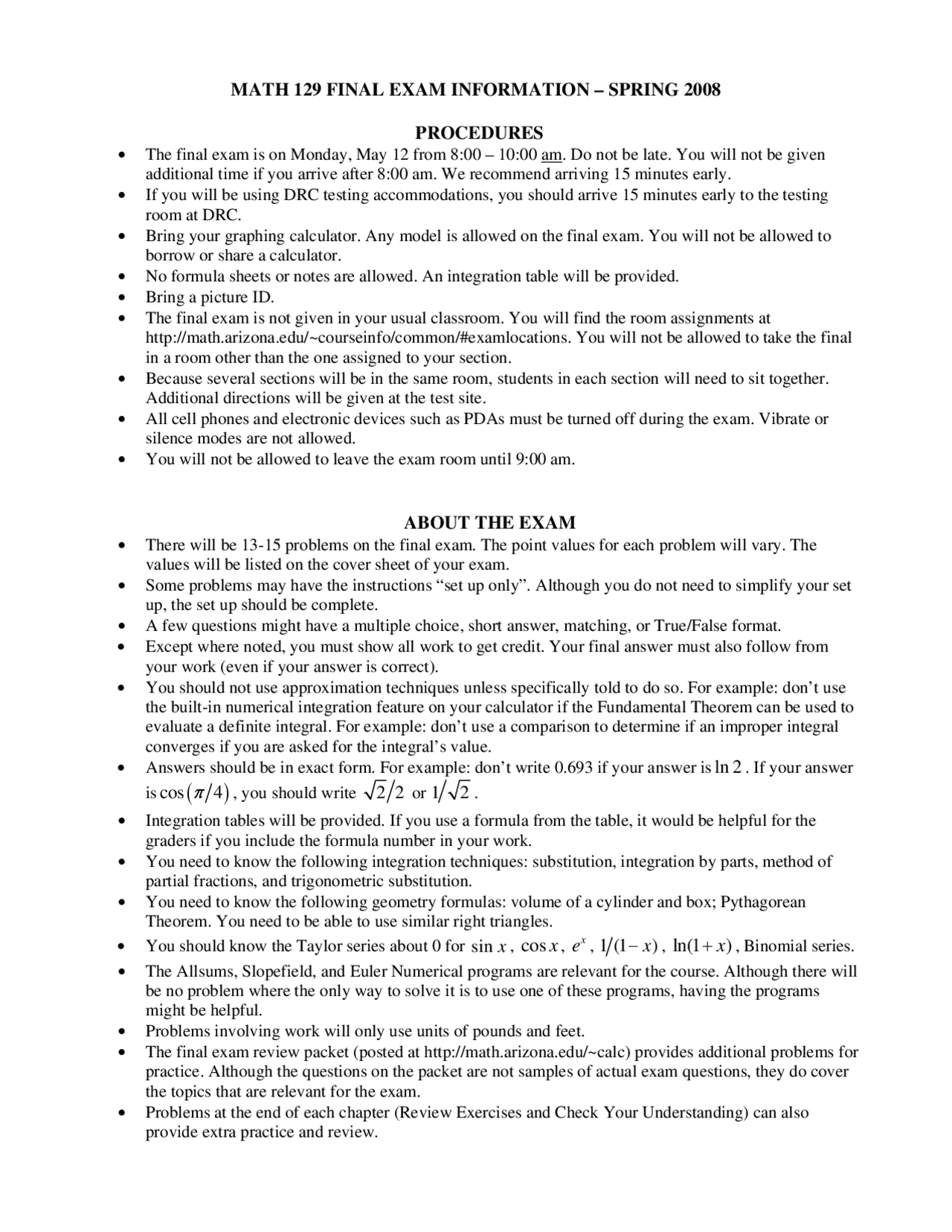 Final Exam Procedures Calculus Ii Spring 2008 Math 129 Docsity