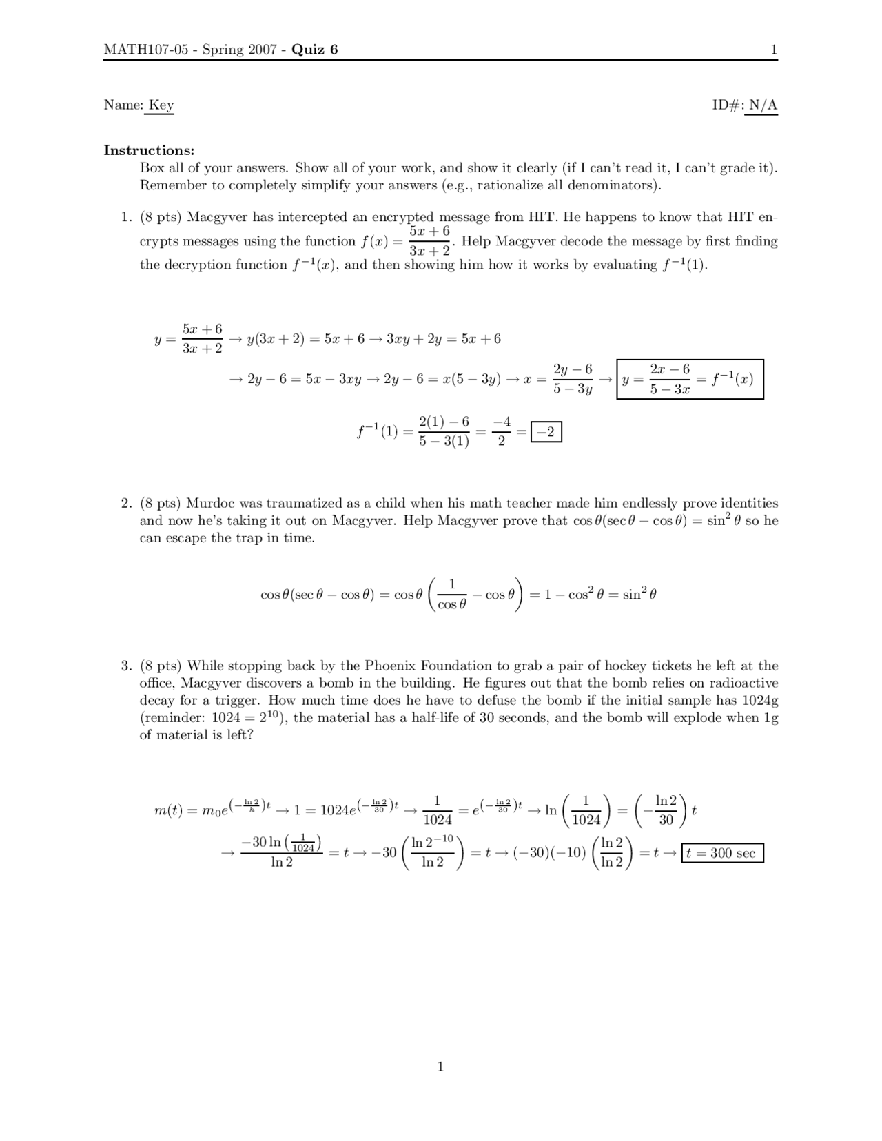 Solutions to Sample Quiz #6 - Precalculus | Math 107 | Quizzes Pre-Calculus | Docsity