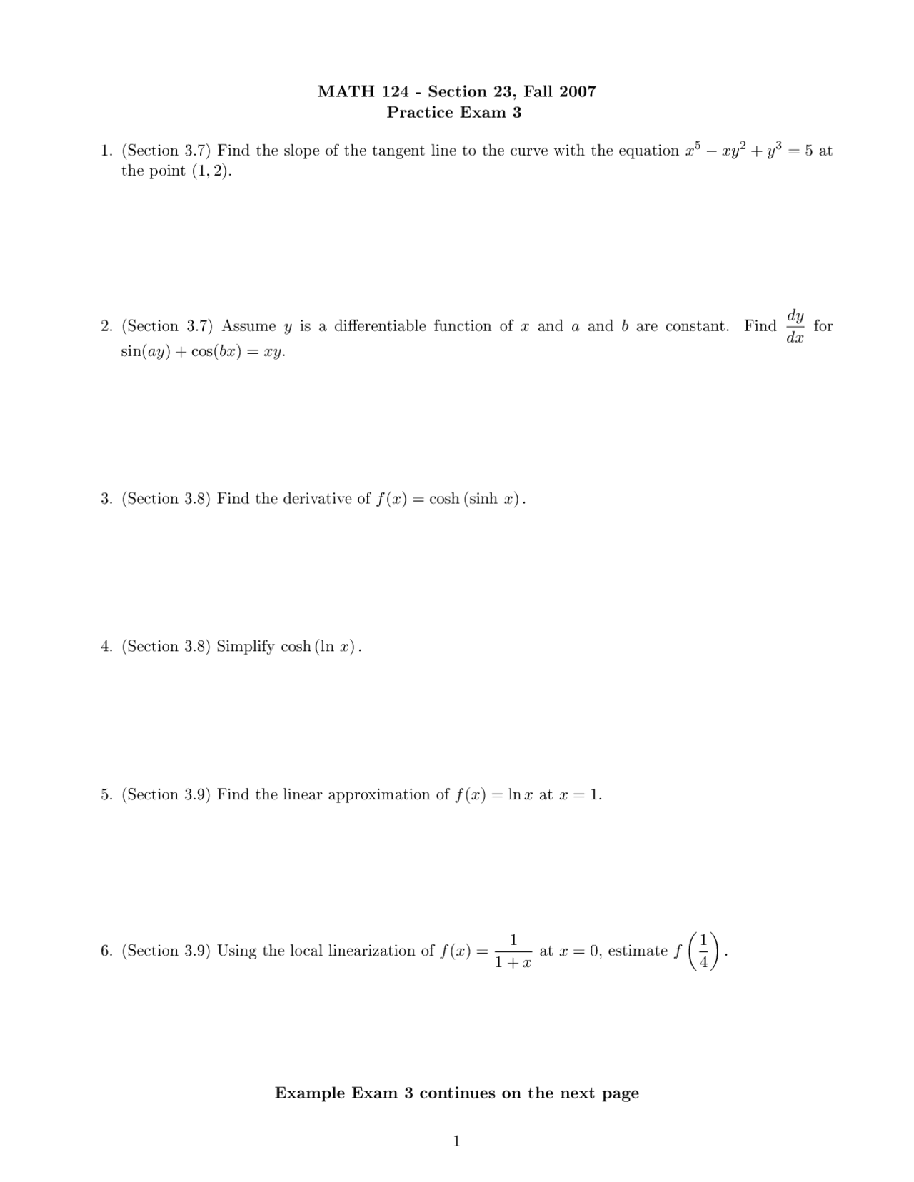 Practice Exam With 16 Problems Calculus I With Applications Math