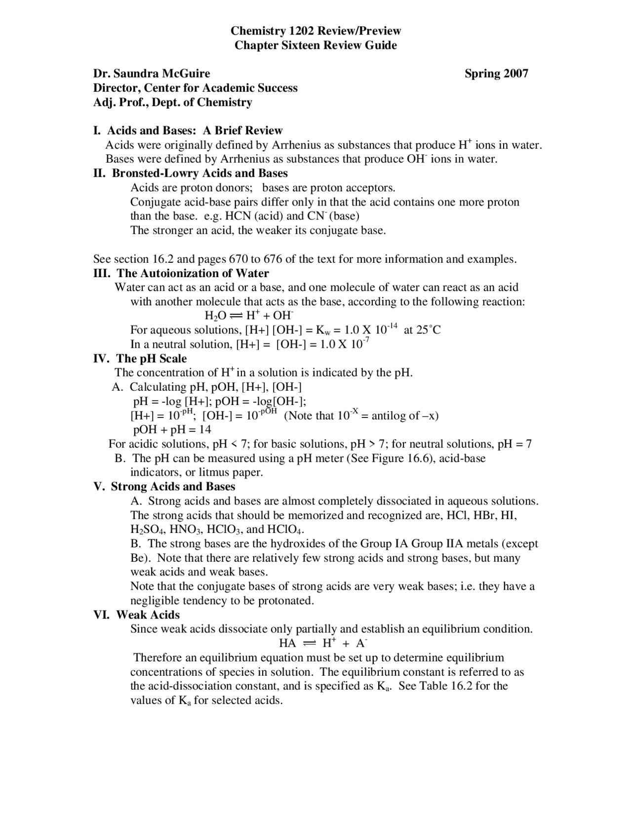 Aqueous Acid Base Equilibria - Study Guide | CHEM 1202 - Docsity