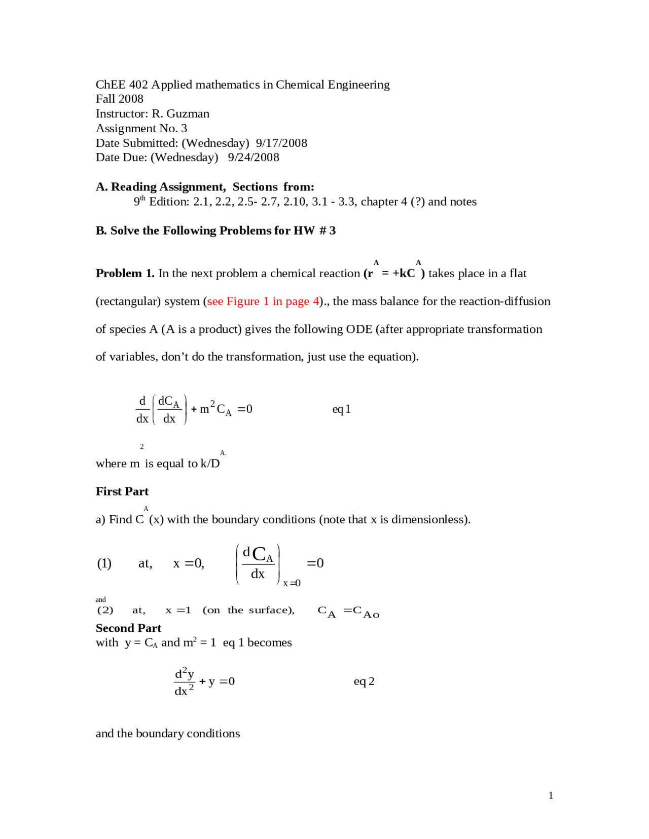 Assignment 3 Chemical Engineering Modeling Chee 402 Docsity