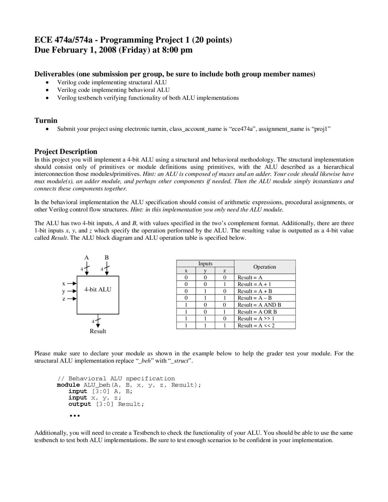 Implement a 4-bit ALU Using a Structural Methodology - Project 1 | ECE 474A - Docsity
