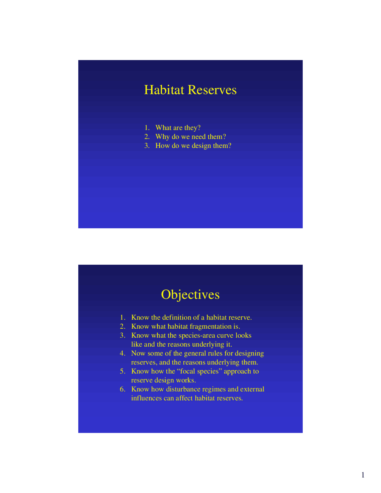 Habitat Reserves Lecture Slides Conservation Biology Ecol 406r