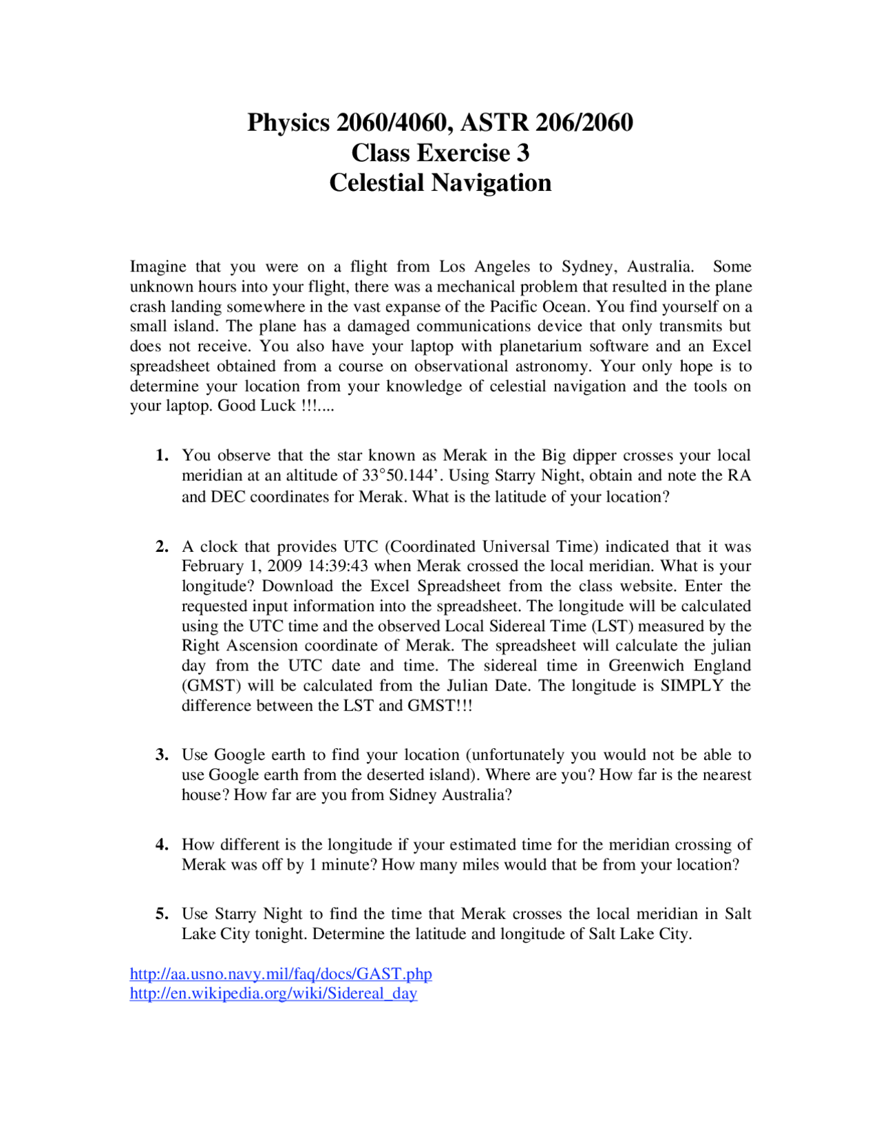 Celestial Navigation Class Exercise 3 Astr 206 Docsity
