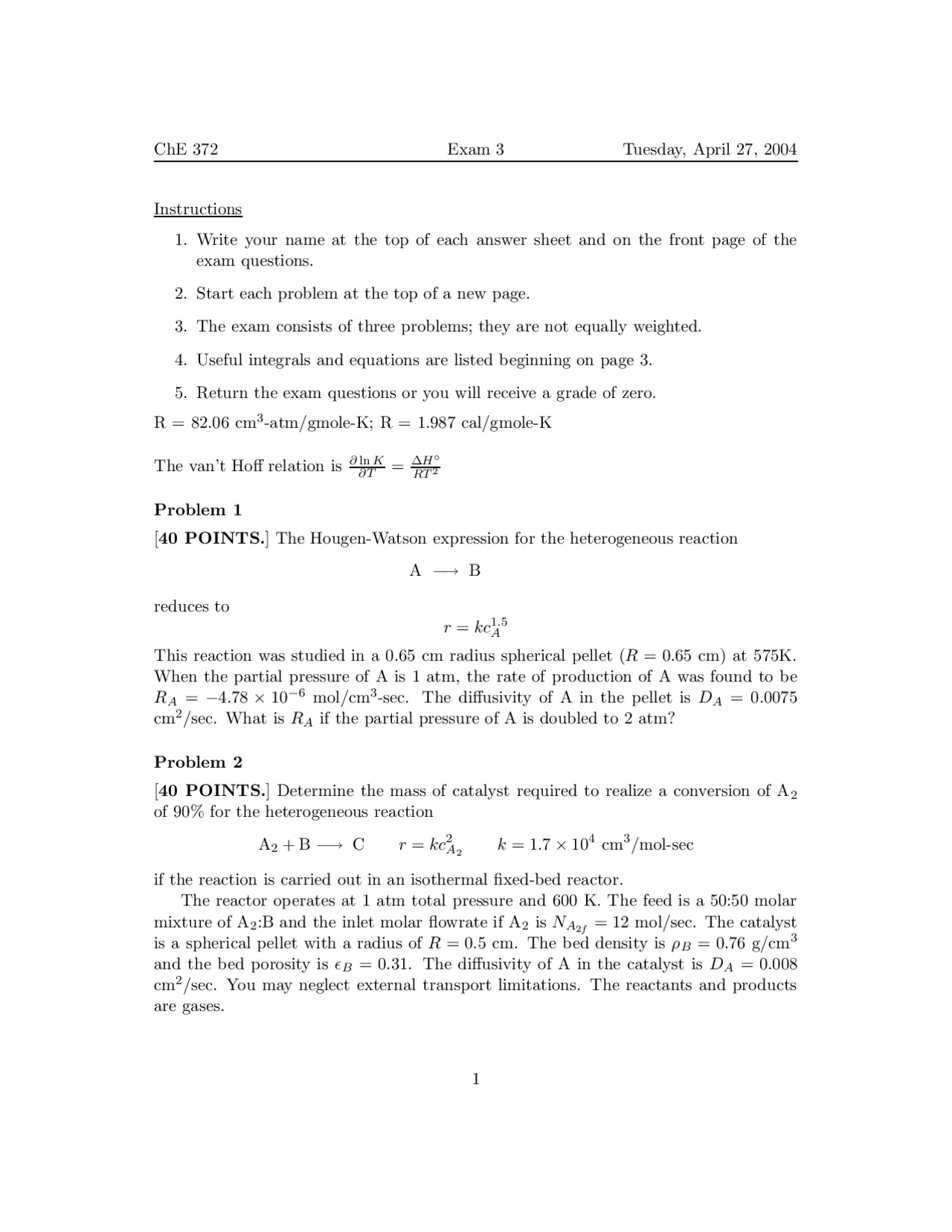 Exam 3 for ChE 372: Heterogeneous Chemical Reactions | Exams Chemistry ...