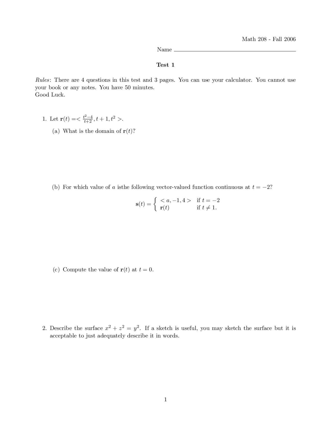 4 Questions On Vector Values Functions Exam 1 Math 208 Examens