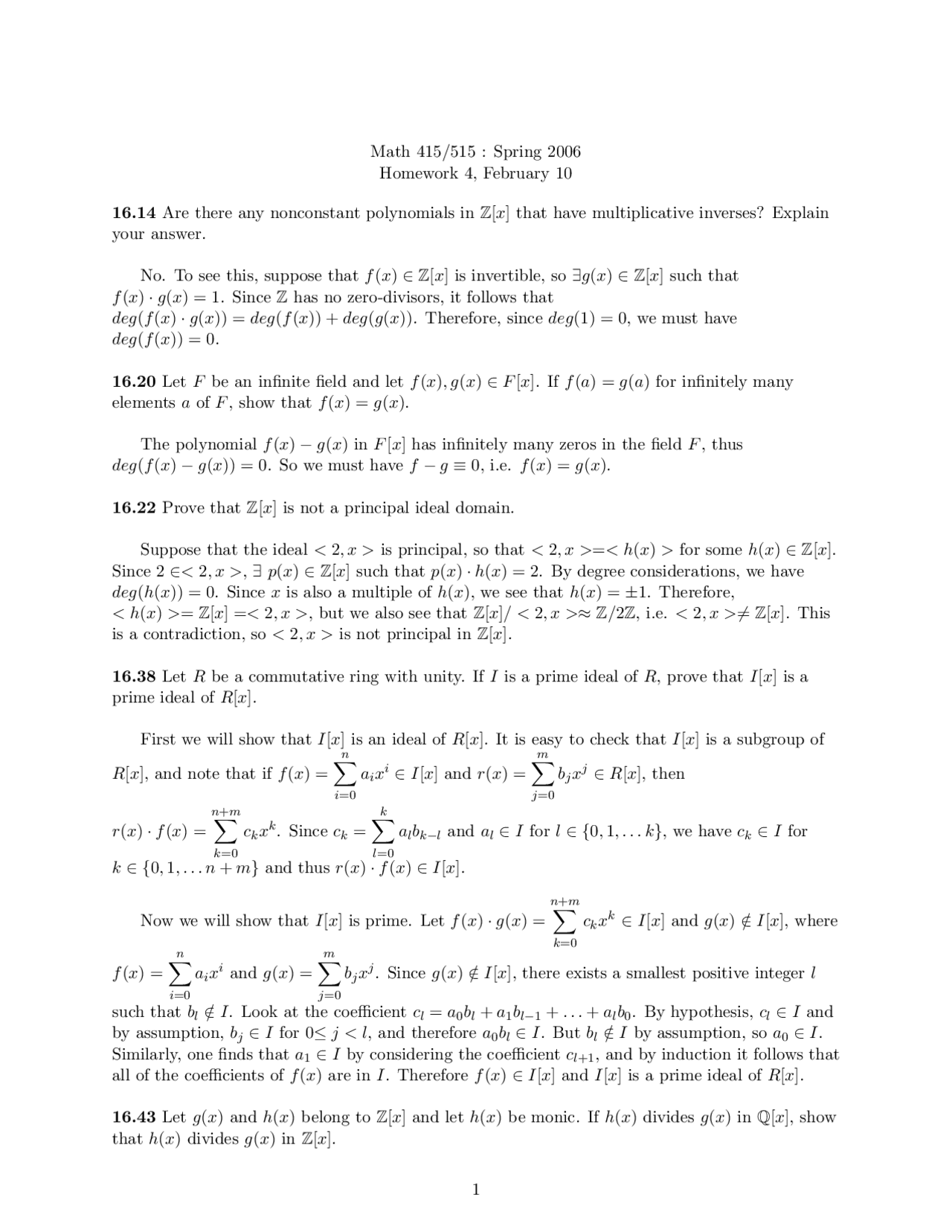 Introduction to Abstract Algebra - Homework 4 | MATH 415A - Docsity