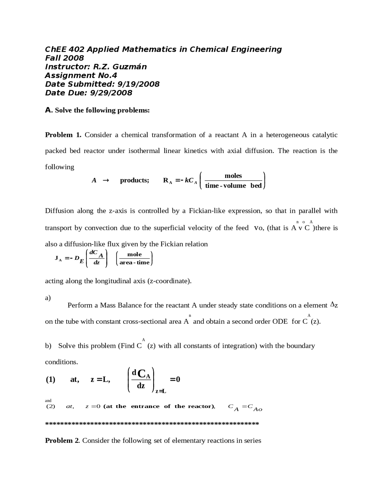 Problems With Solution Chemical Engineering Modeling Assignment