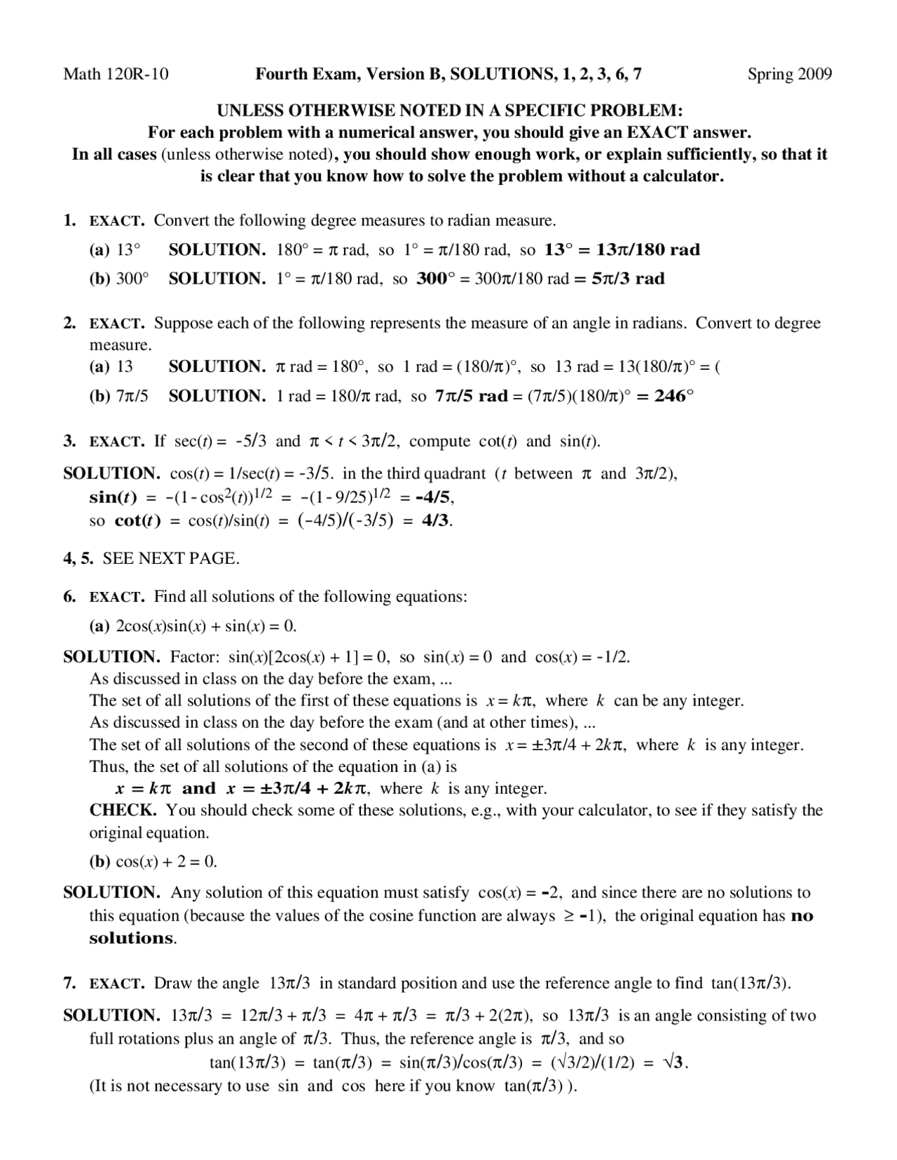 Exam #4 with Solutions - Calculus Preparation | MATH 120R - Docsity