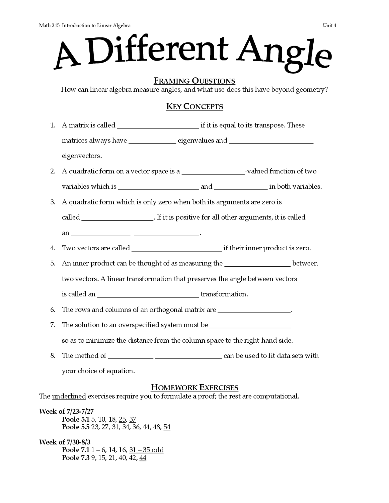 A Different Angle - Introduction to Linear Algebra | MATH 215 - Docsity