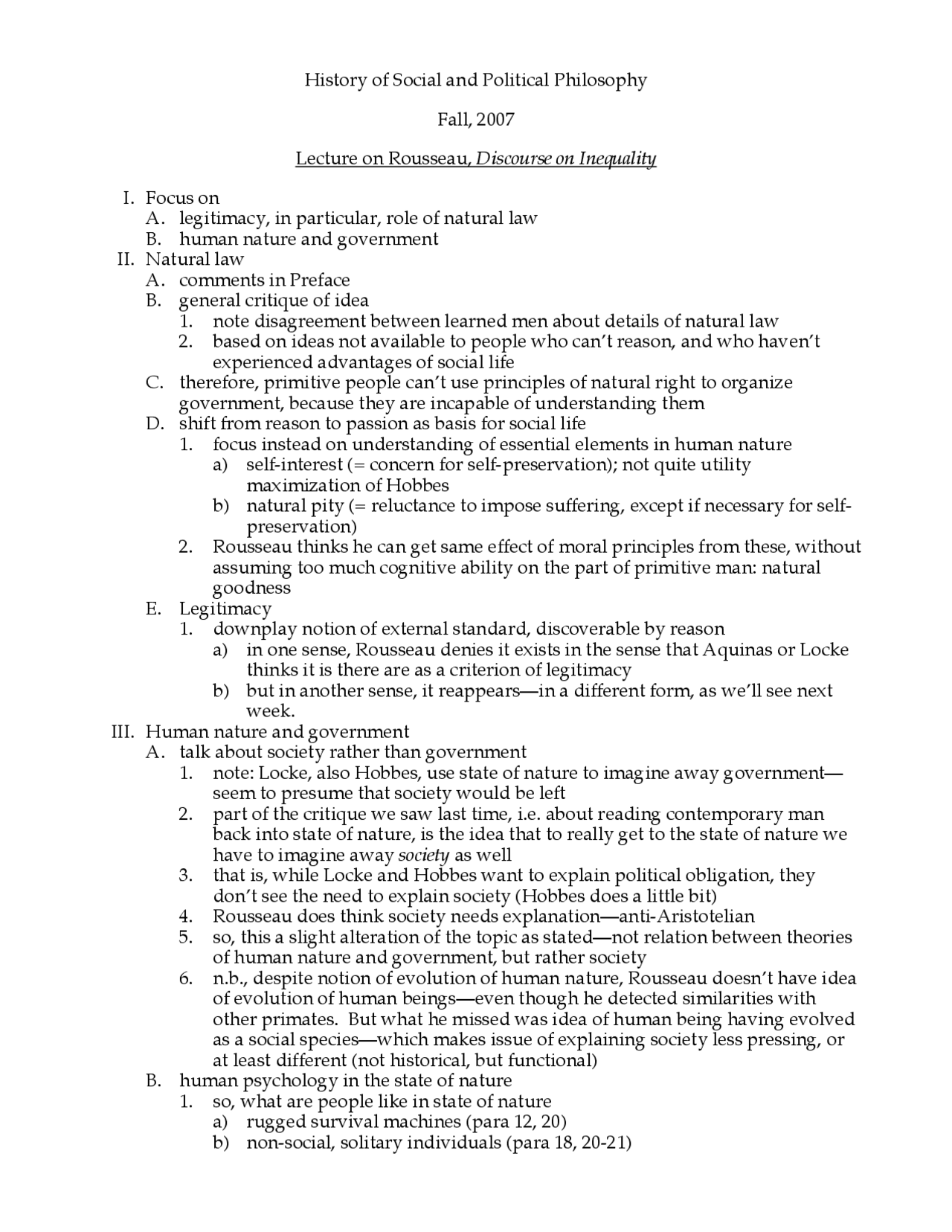 Rousseau And Discourse On Inequality Lecture Notes Phil 3713 Docsity