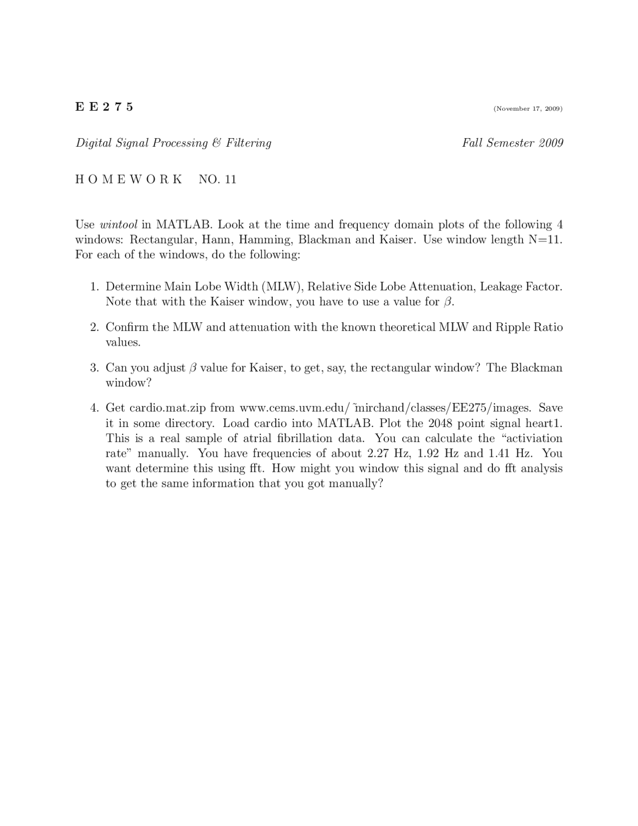 Homework 11 For Digital Signal Processing And Filtering Ee 275 Docsity