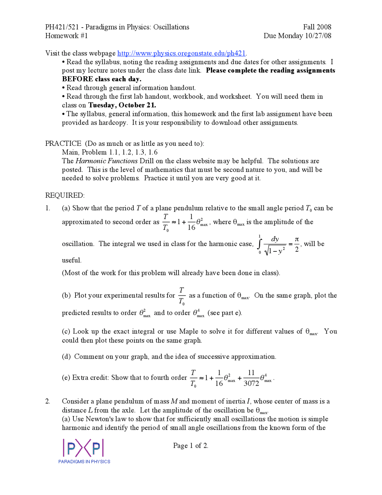 Homework 1 Questions Paradigm In Physics Oscillations Ph 421 Docsity
