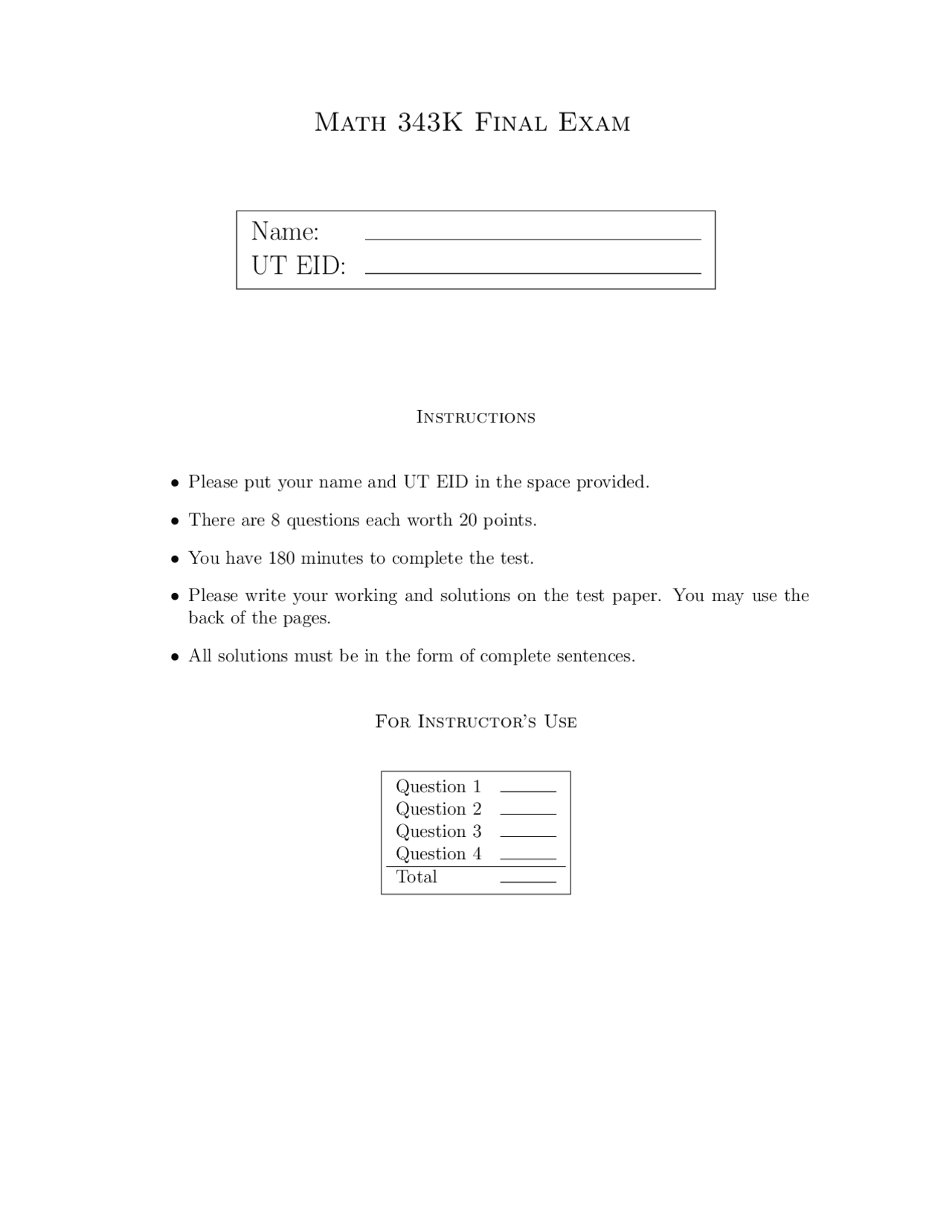 Math 343K Final Exam: Group Theory and Permutations | Exams Number Theory | Docsity