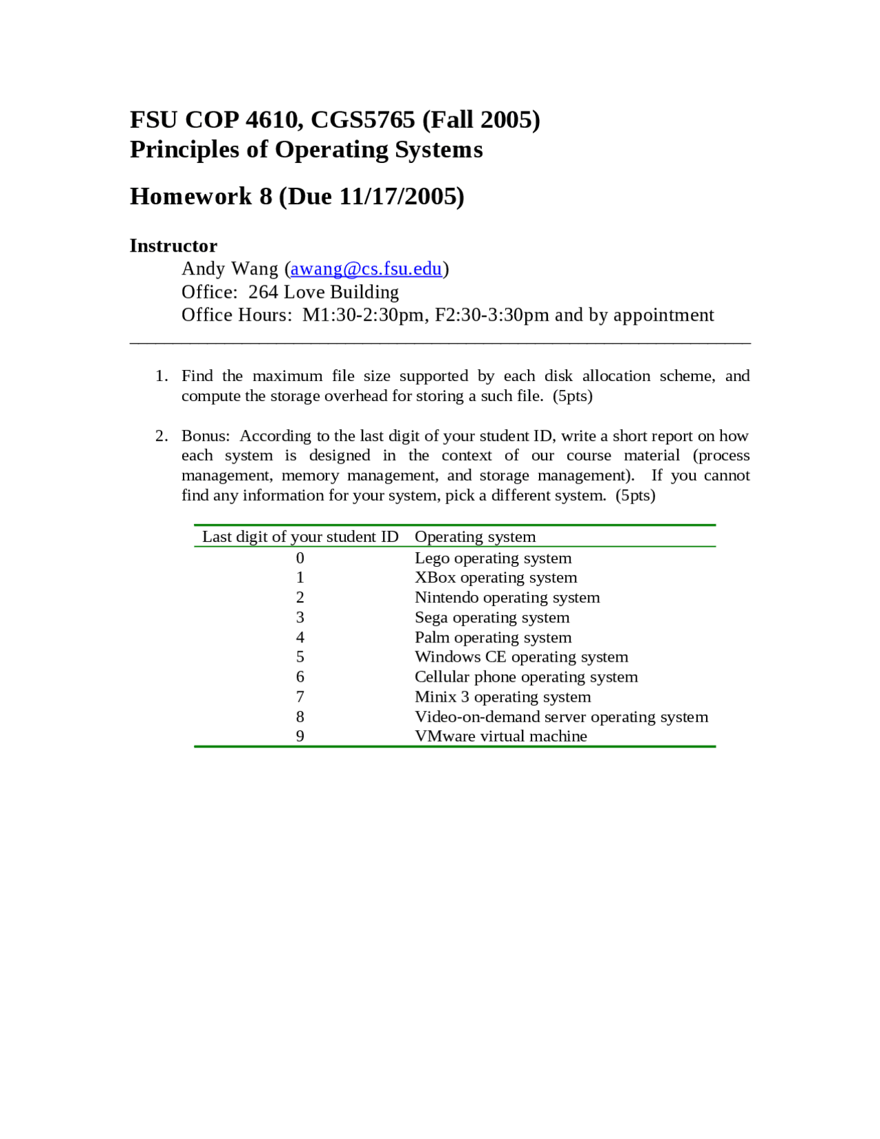 Homework 8 For Principles Of Operating Systems Cop 4610 Docsity