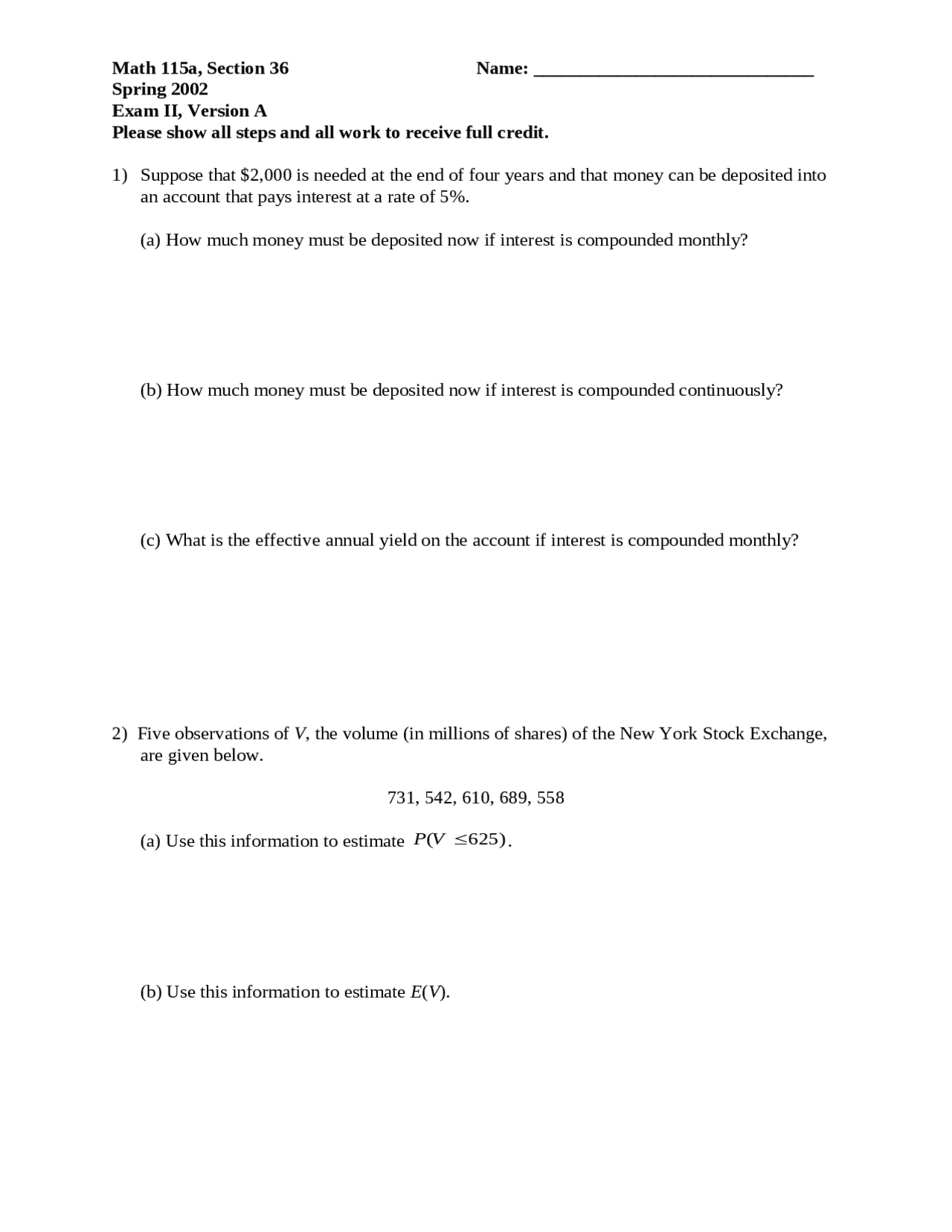 Exam 2 Questions Business Mathematics I Math 115a Docsity