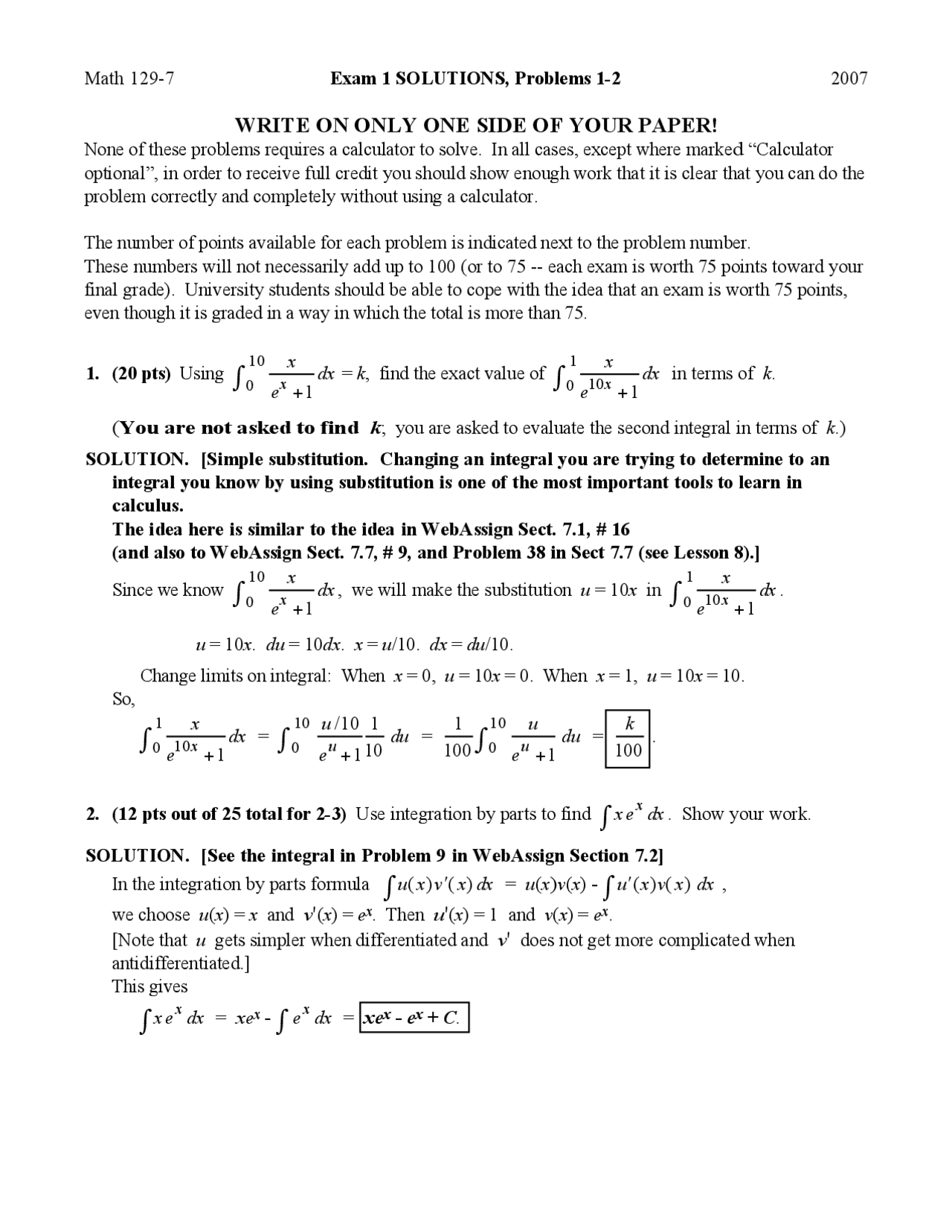 Exam 1 with Solution for Calculus II | MATH 129 - Docsity