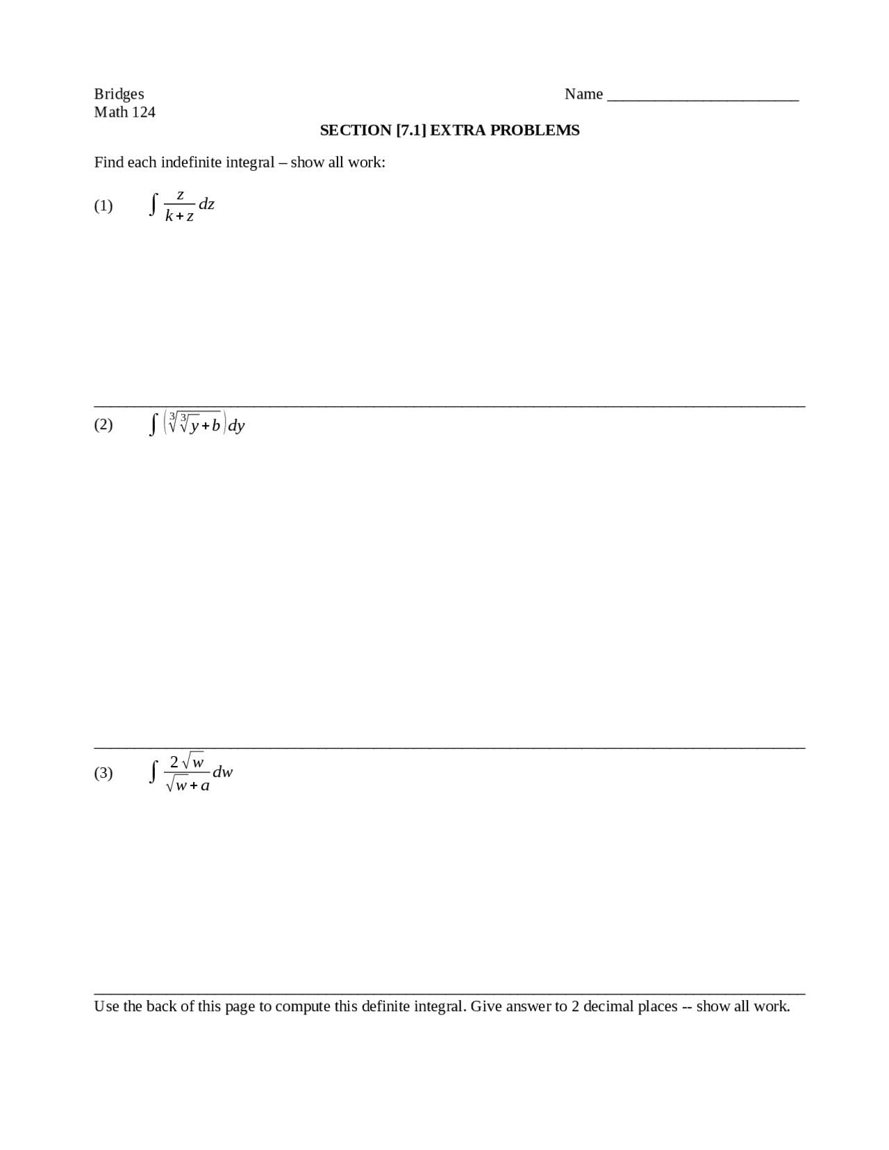 4 Problems On Indefinite And Definite Integrals Assignment Math 124