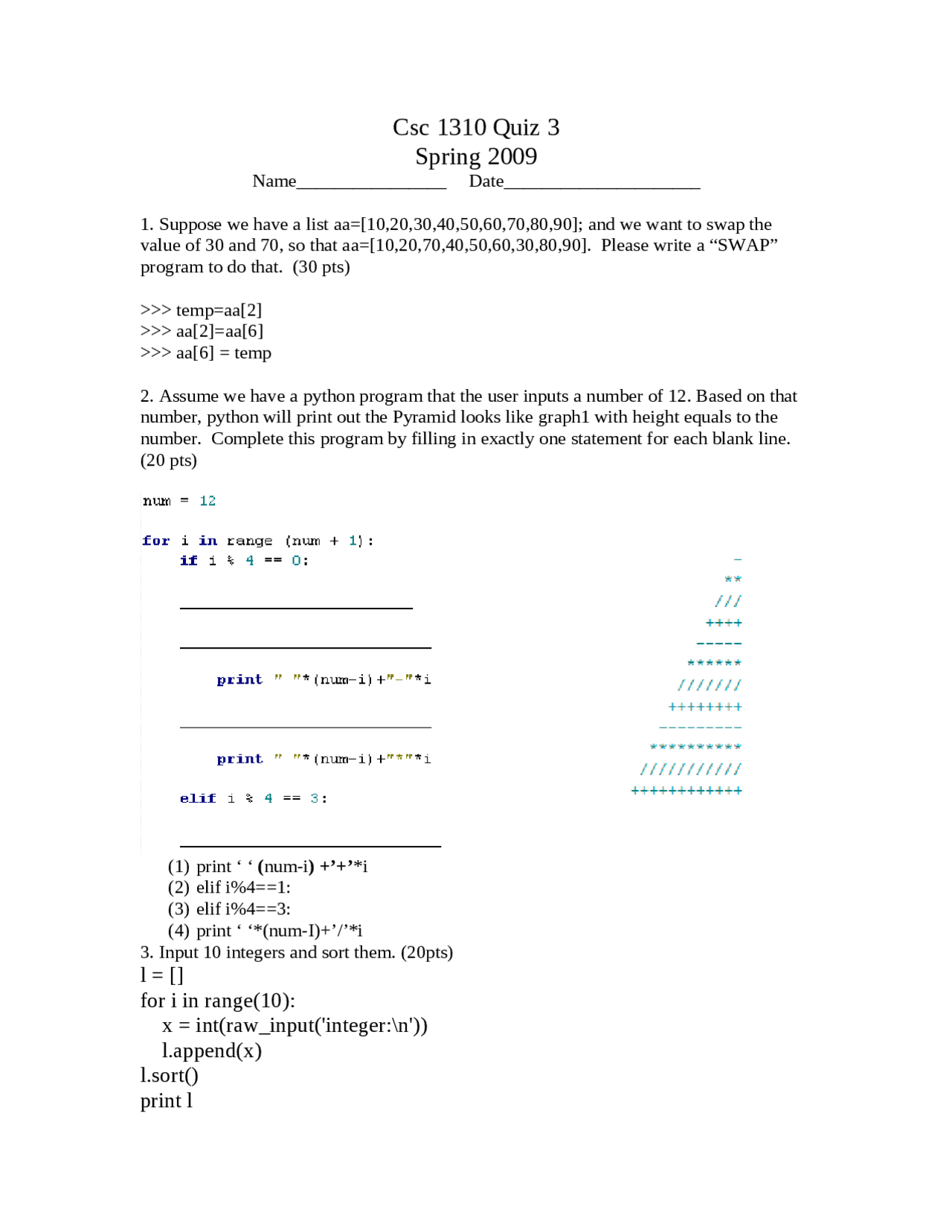 Quiz 3 With Solution Introduction To Computer Programming Csc 1310