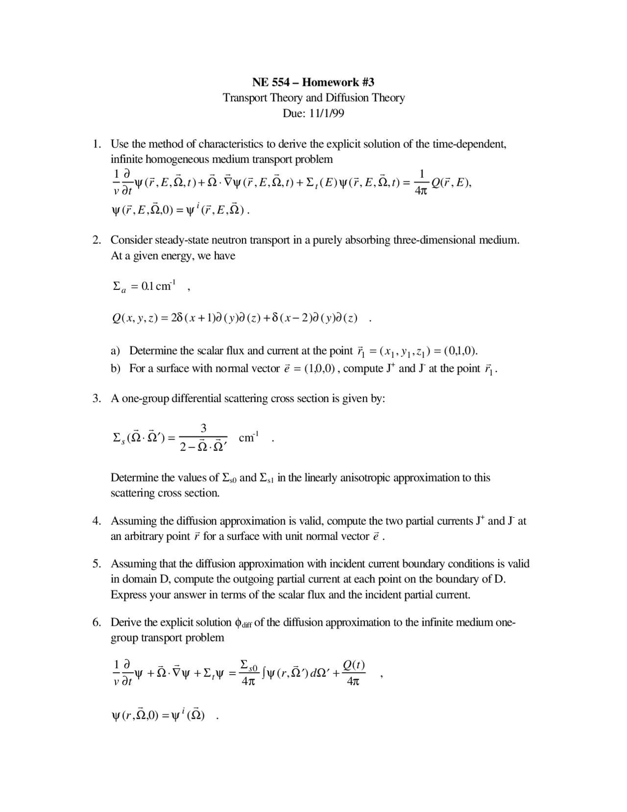 Homework 3 On Transport Theory And Diffusion Theory Ne 451 Docsity