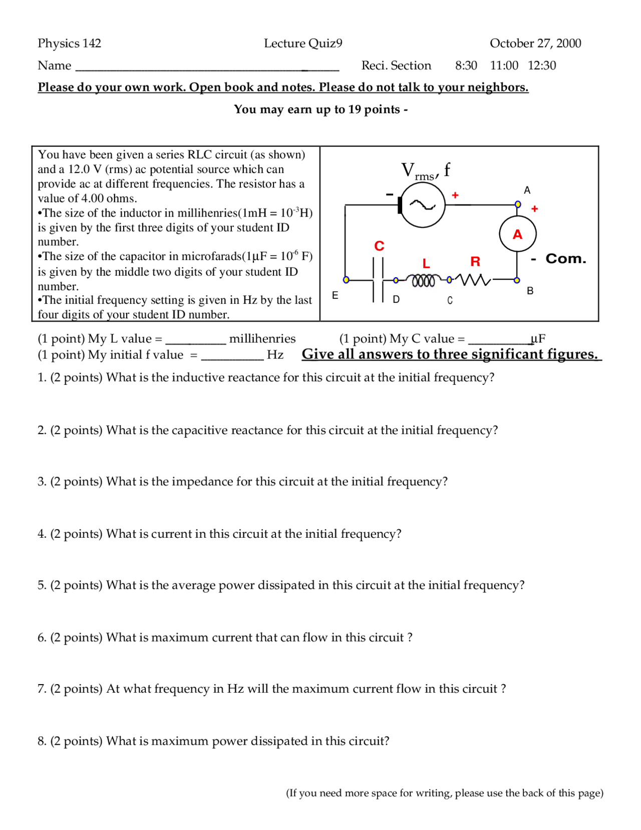 RLC Circuit Quiz - Physics 142 | Quizzes Physics | Docsity