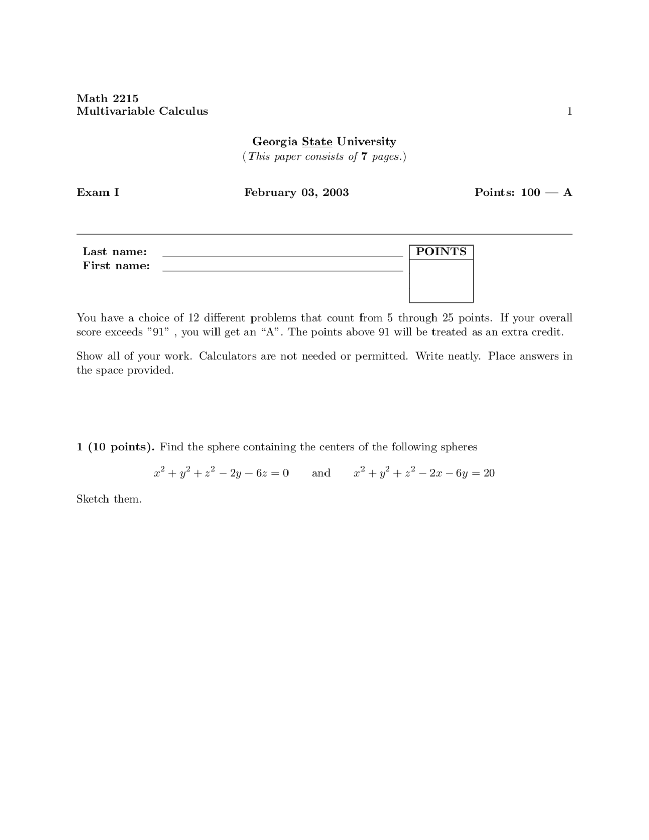Exam 1 With Questions Multivariate Calculus Math 2215 Docsity