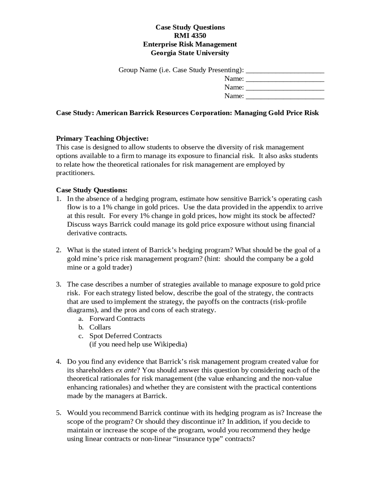 Case Study Questions for Assignment - Enterprise Risk Management-CTW ...