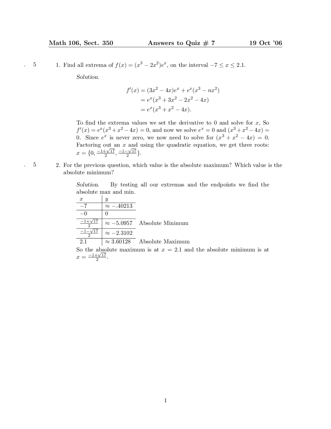 Quiz Answers for Math 106, Section 350: Extrema of a Function | Quizzes Analytical Geometry and ...