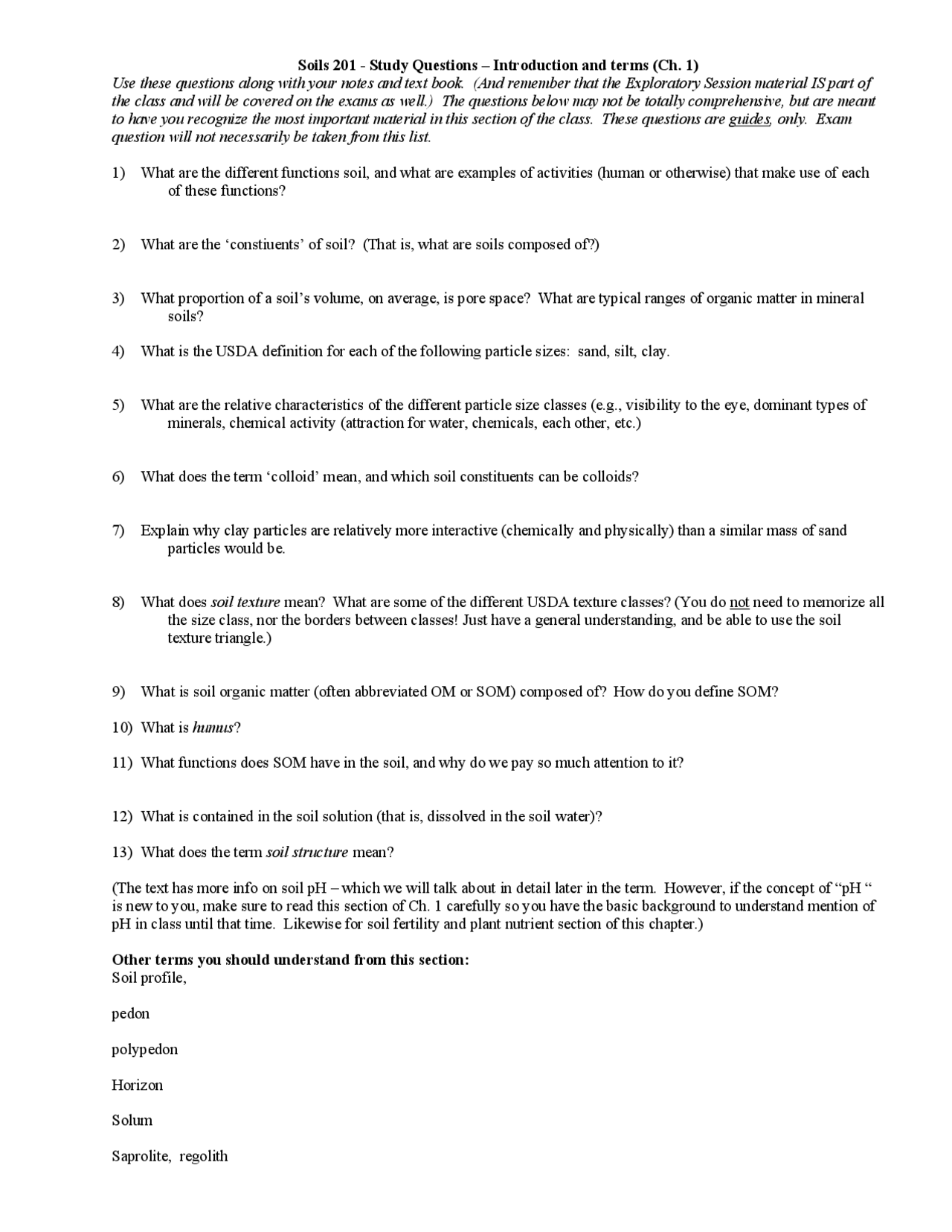 Study Questions - Introduction and Terms | SoilS 201 - Docsity