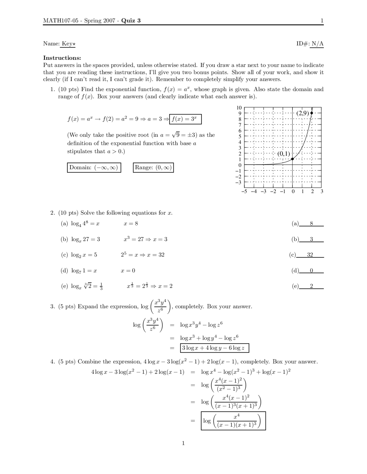 Quiz 3 With Answer Key Precalculus Math 107 Docsity