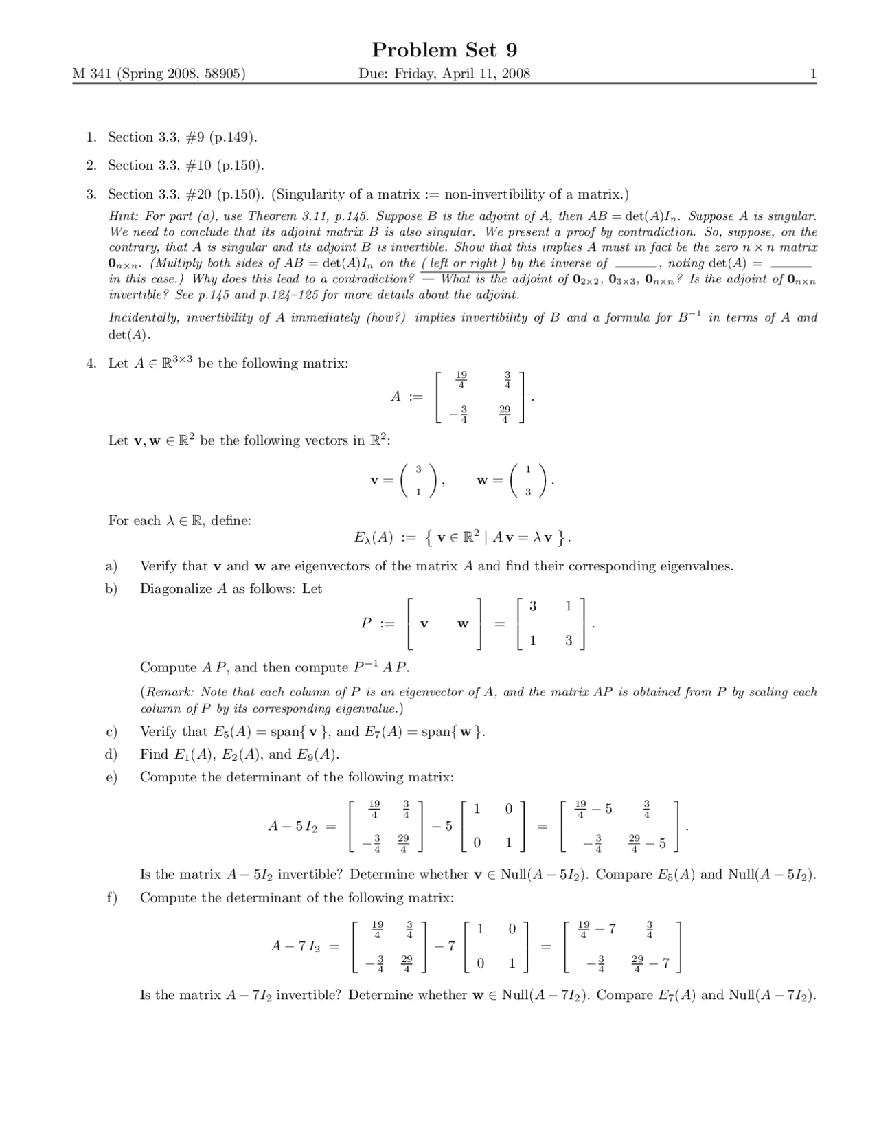 Homework 9 Solutions - Linear Algebra and Matrix Theory | M 341 - Docsity