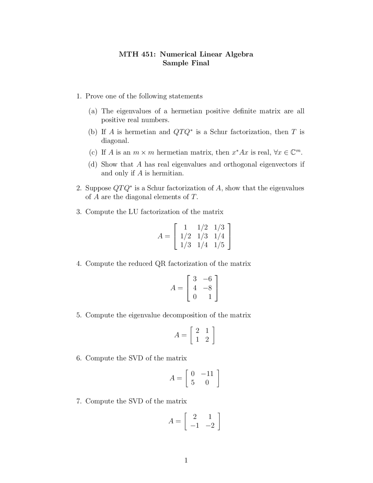 Sample Final For Numerical Linear Algebra Mth 451 Docsity