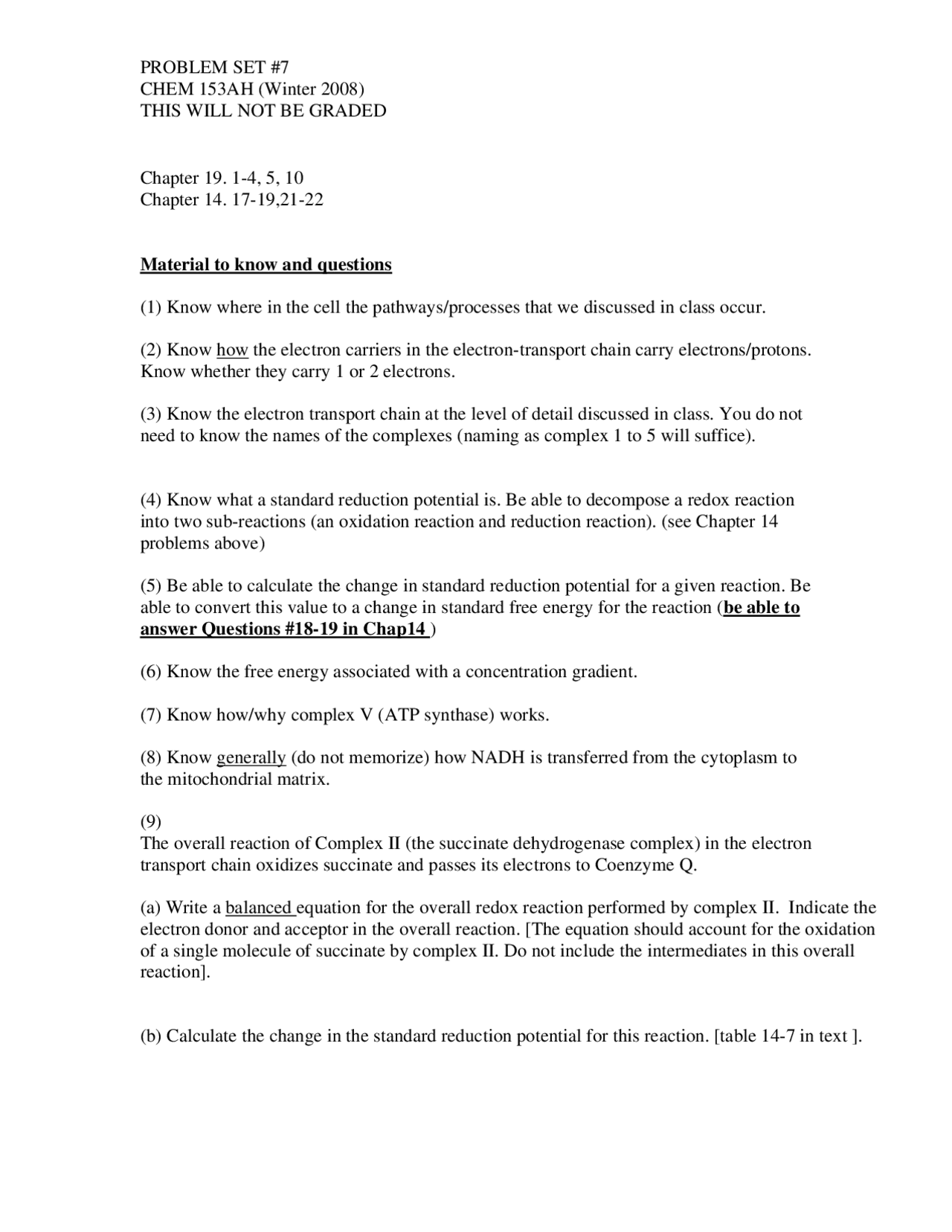 Problem Set 7 For Structure Enzymes And Metabolomics Honors Chem