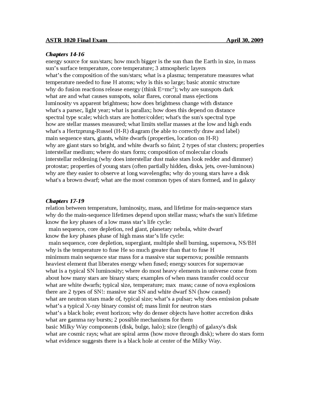 Review Sheet For Final Exam Stellar And Galactic Astronomy Astr