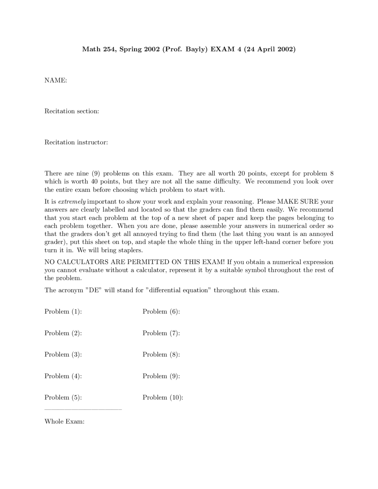 Introduction To Ordinary Differential Equations Exam 4 Questions