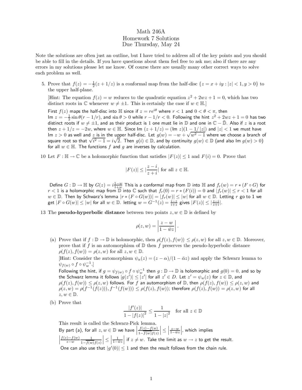 Solutions Assignment 7 Complex Analysis Math 246a Docsity
