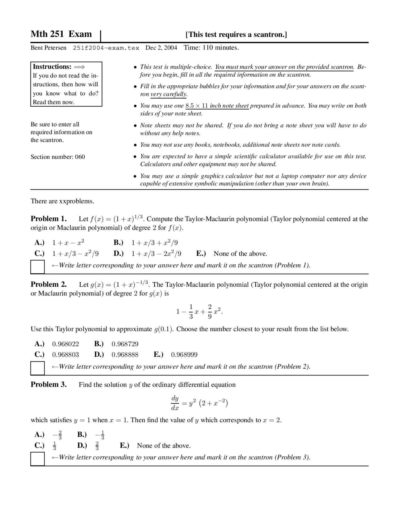 Exam I Problems For Differential Calculus Mth 251 Docsity