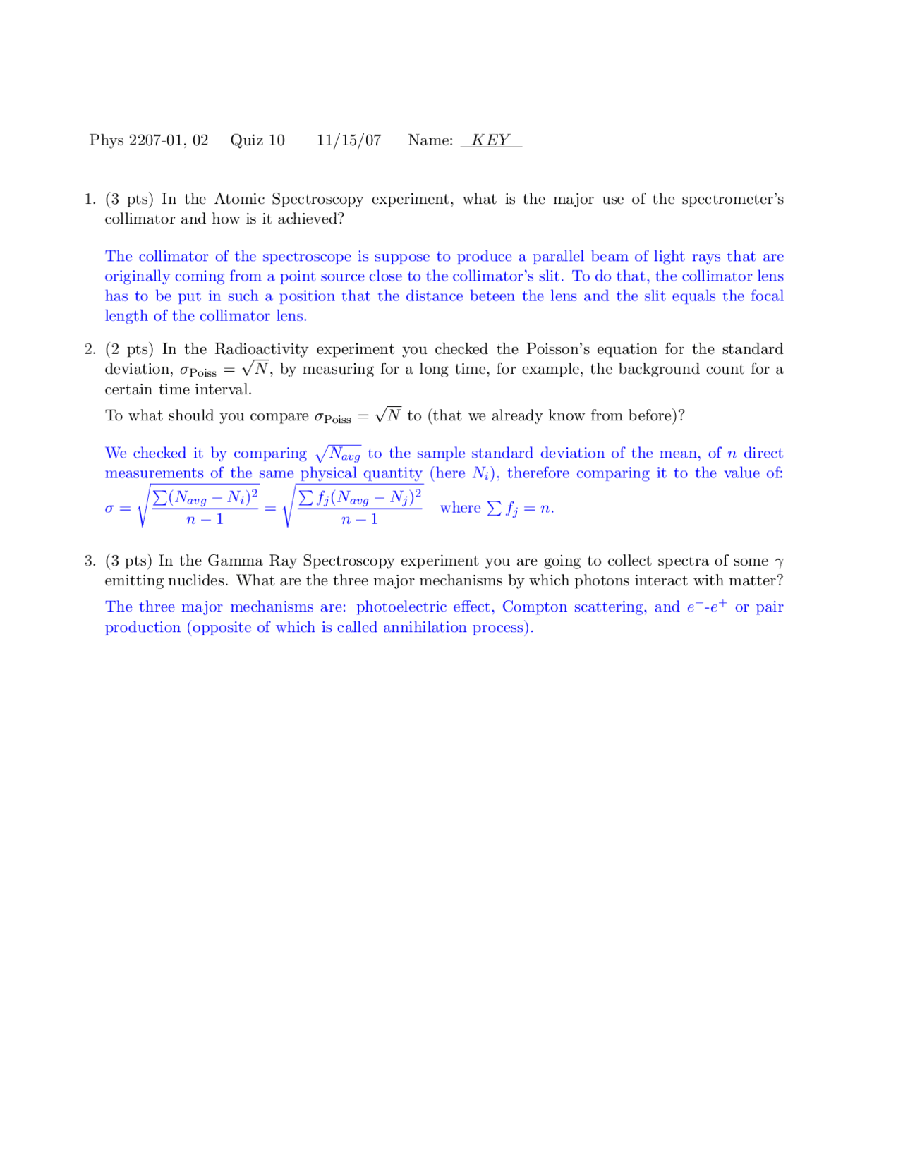 Quiz 10 Solutions Modern Physics Lab Phys 2207 Docsity