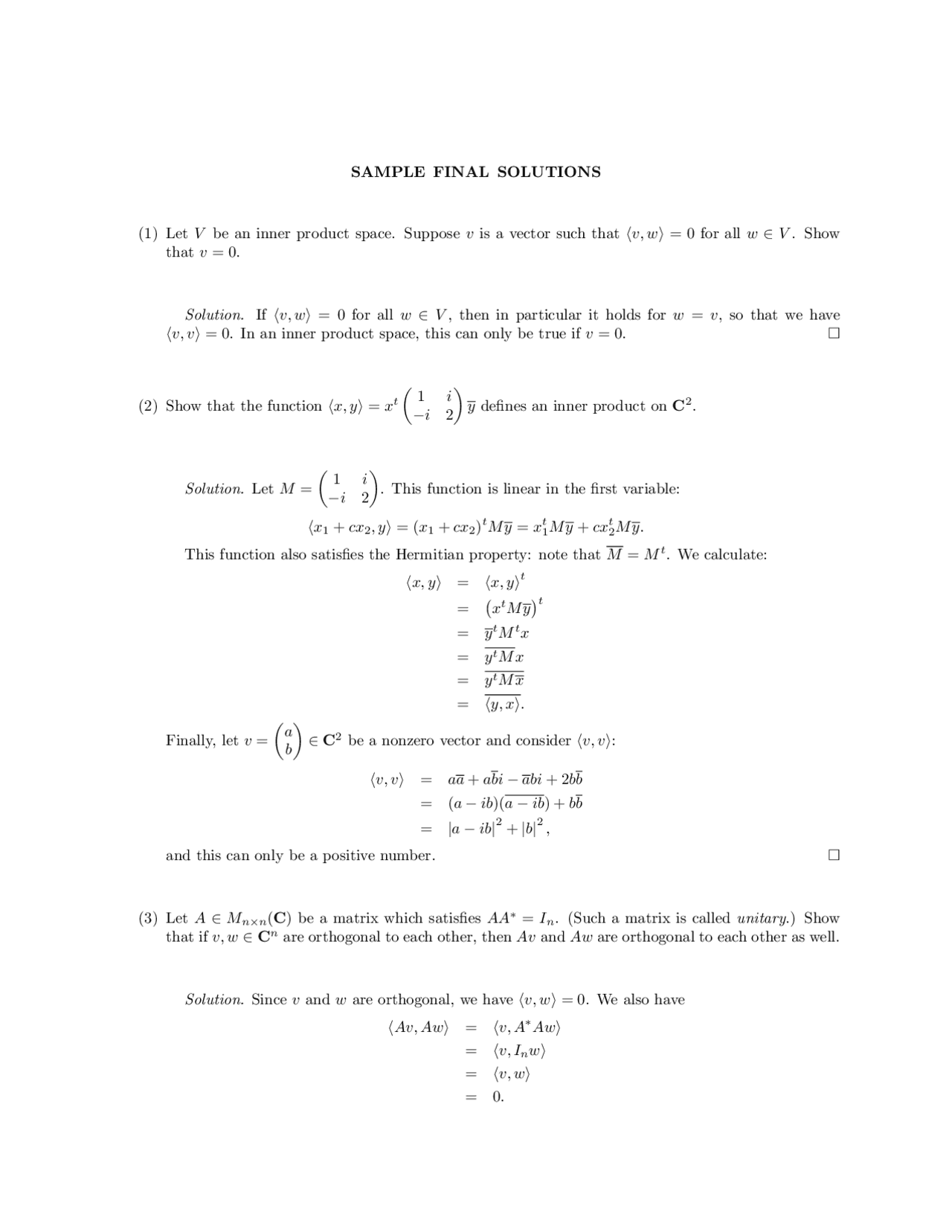 Sample Final Solution Linear Algebra Math 115a Docsity