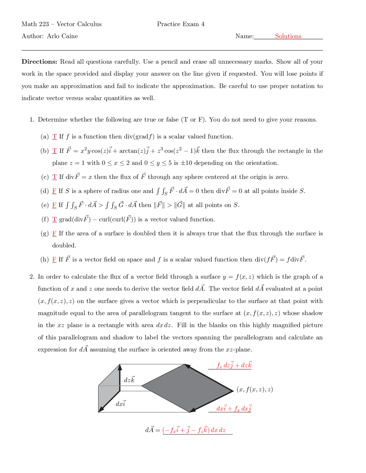 Exam 4 Practice Problems On Vector Calculus Math 223 Docsity