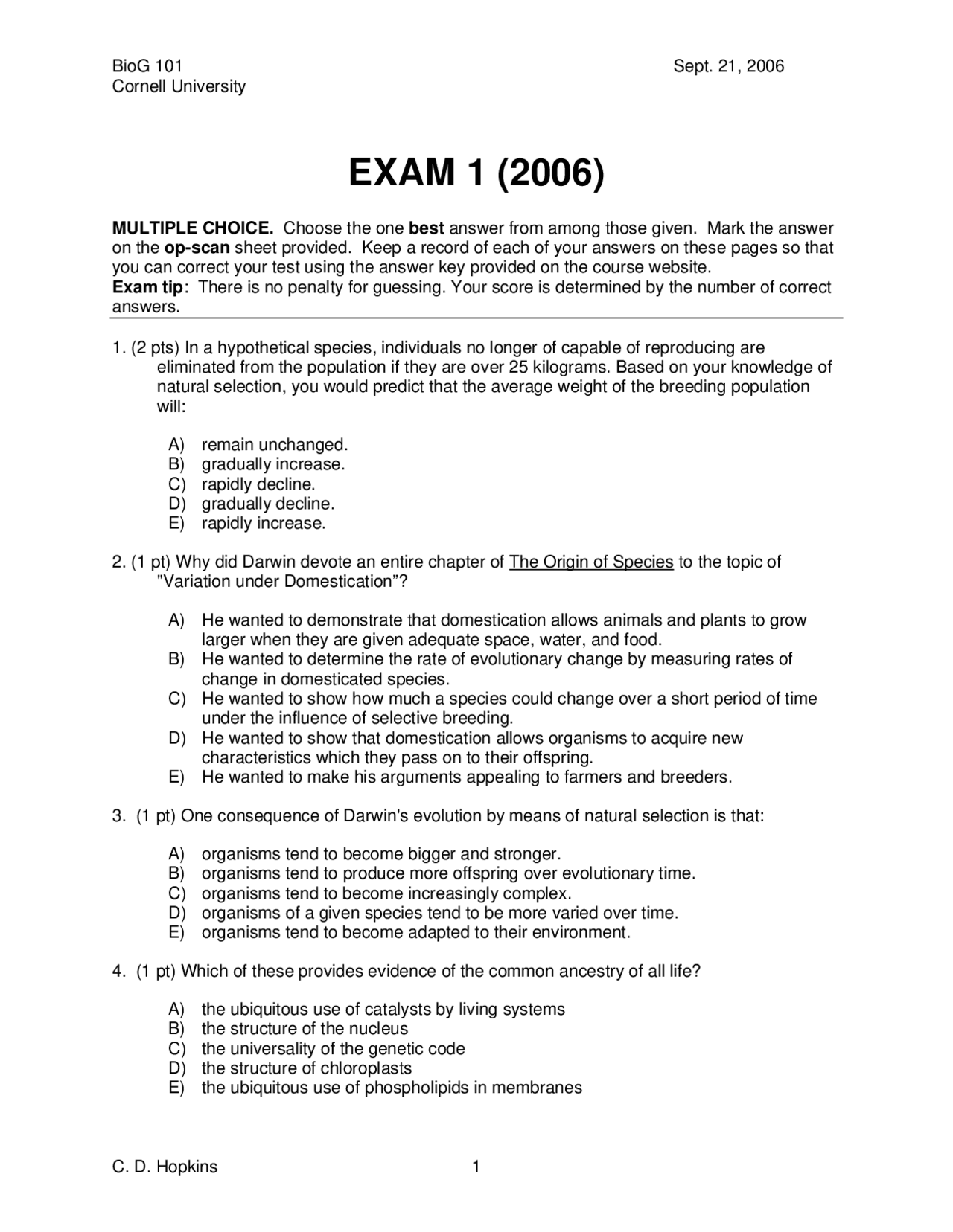 Exam 1 with 40 Multiple Choice Questions - Biological Sciences | BIOG ...